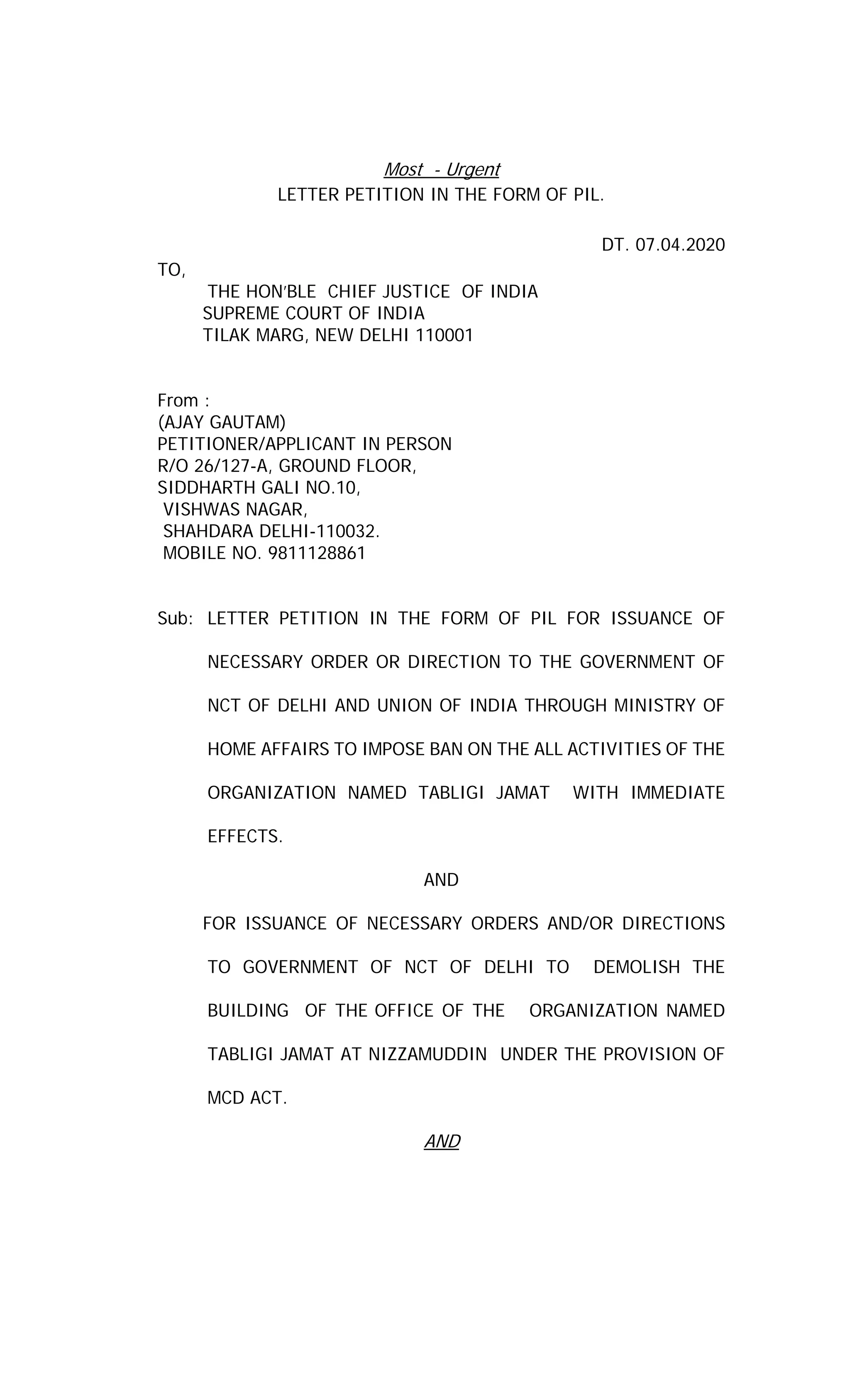 Letter petition to_ban_tablighi_jamat | PDF