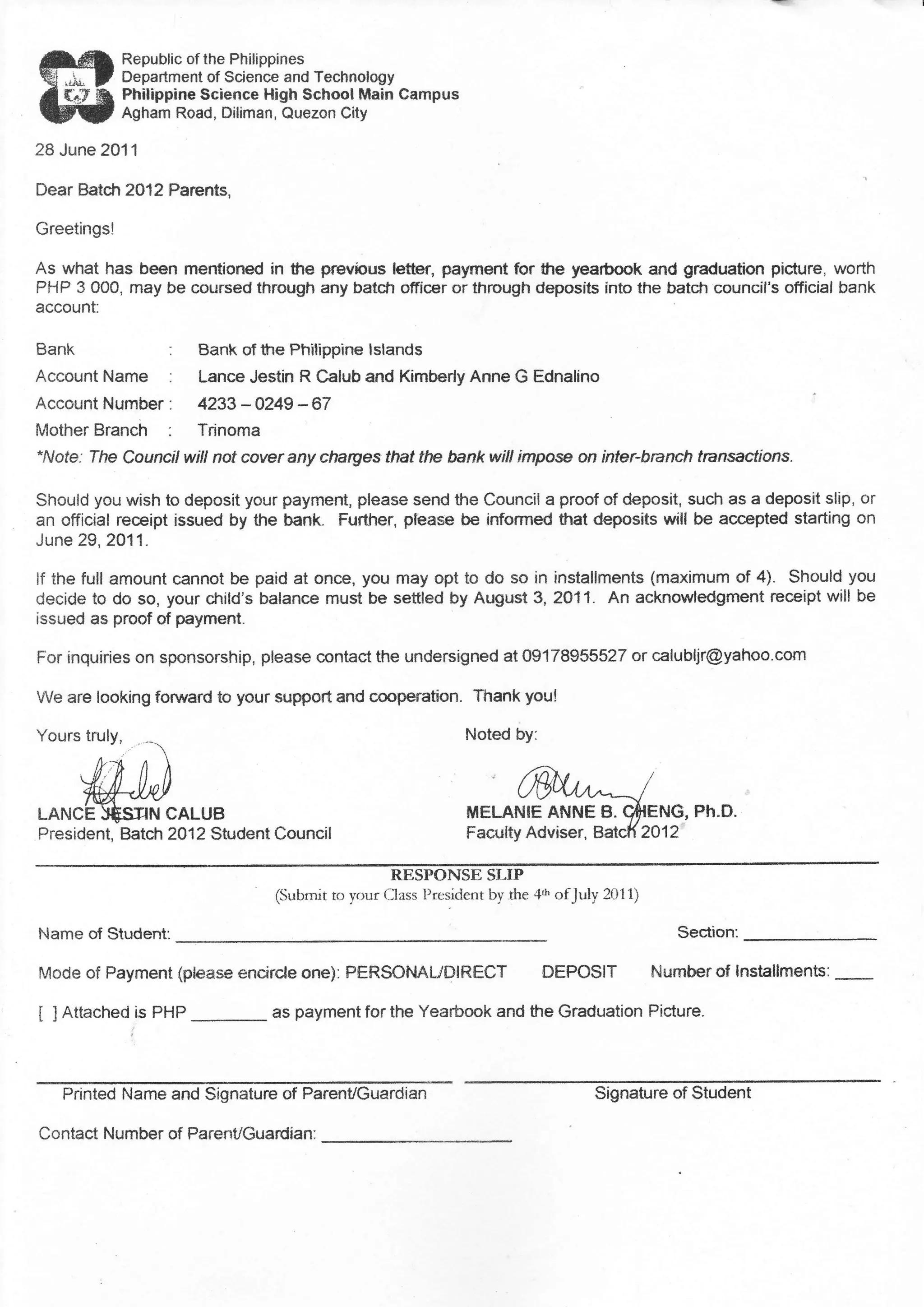 Letter re bank account | PDF