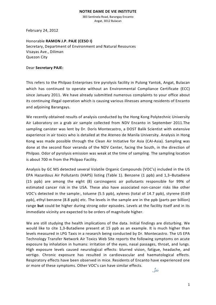 Letter moratorium substandard tire pyrolysis