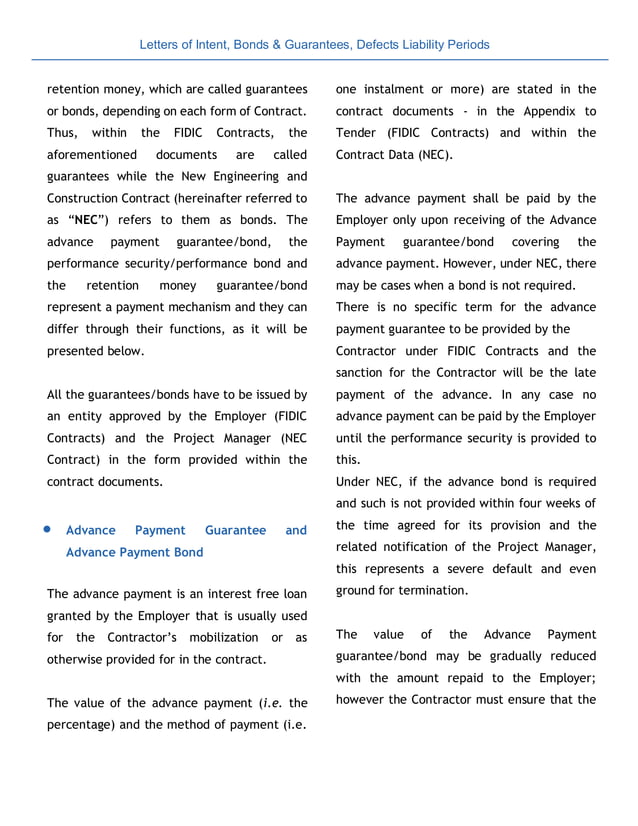 Letters of Intent, Bonds & Guarantees, Defects Liability Periods | PDF ...