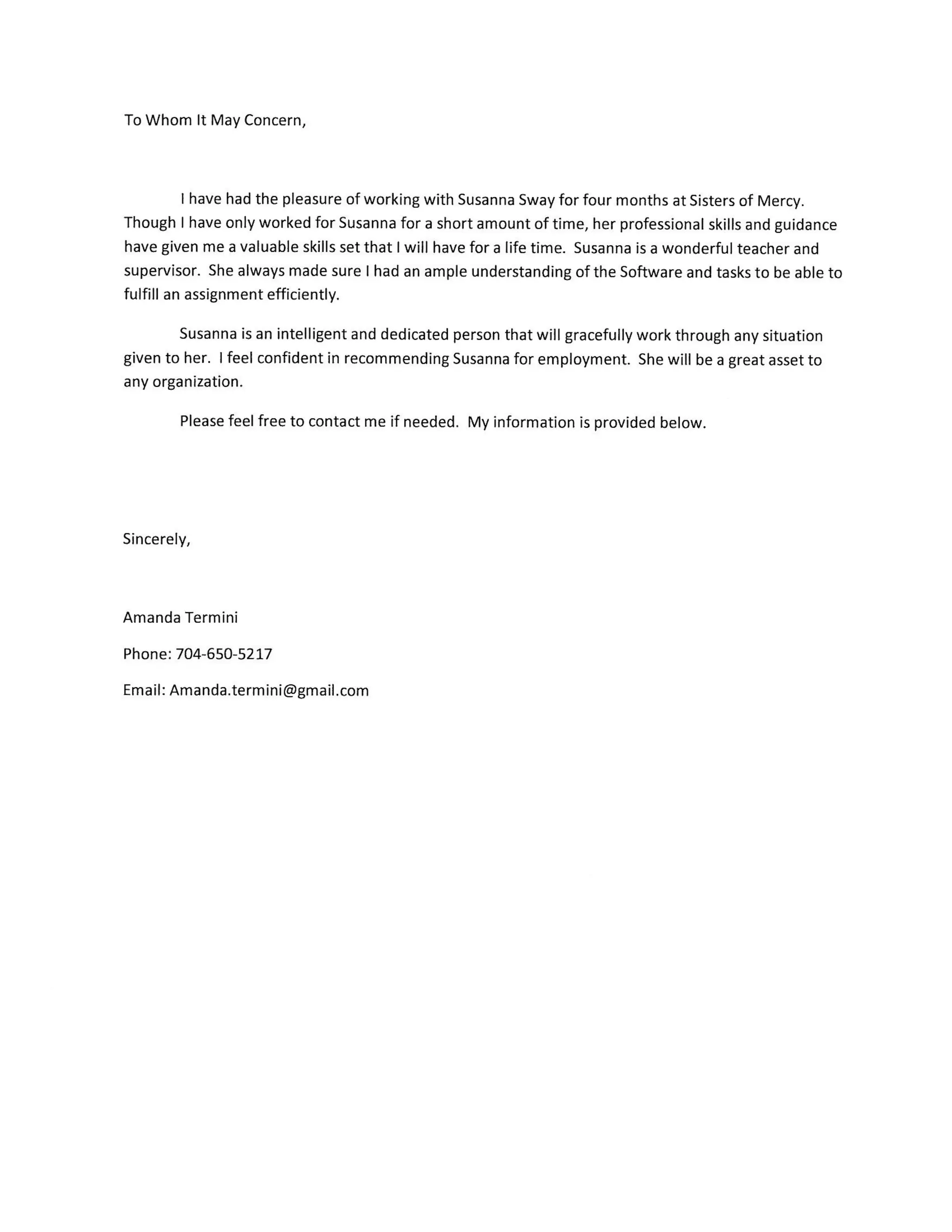 Susanna Sway -Human Resources Letter of Recommendation | PDF