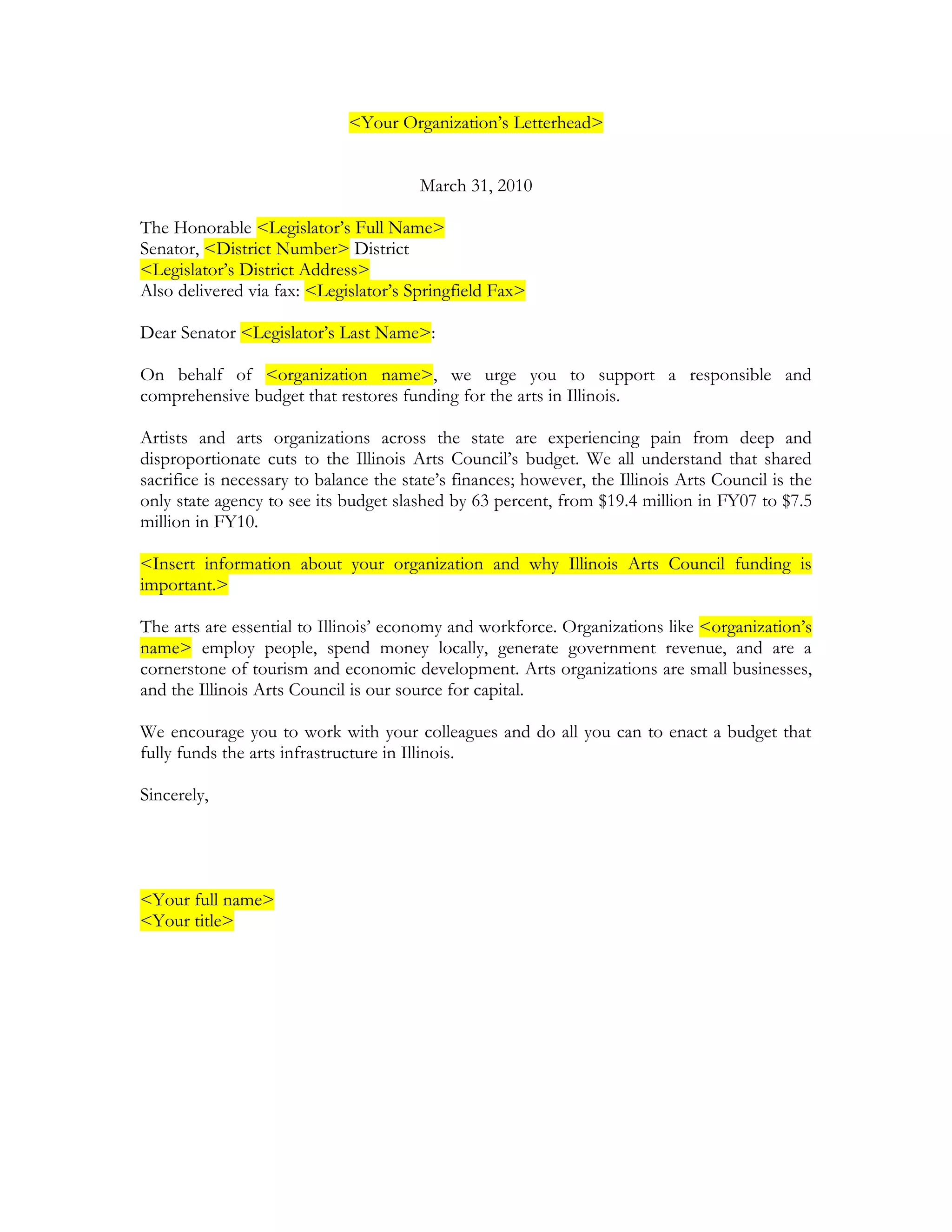 Template for Letter to Senate Appropriations Committee Member | DOC