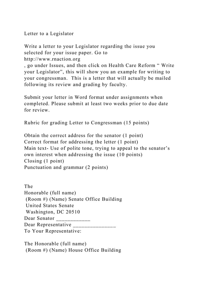 Letter to a LegislatorWrite a letter to your Legislator regardin.docx