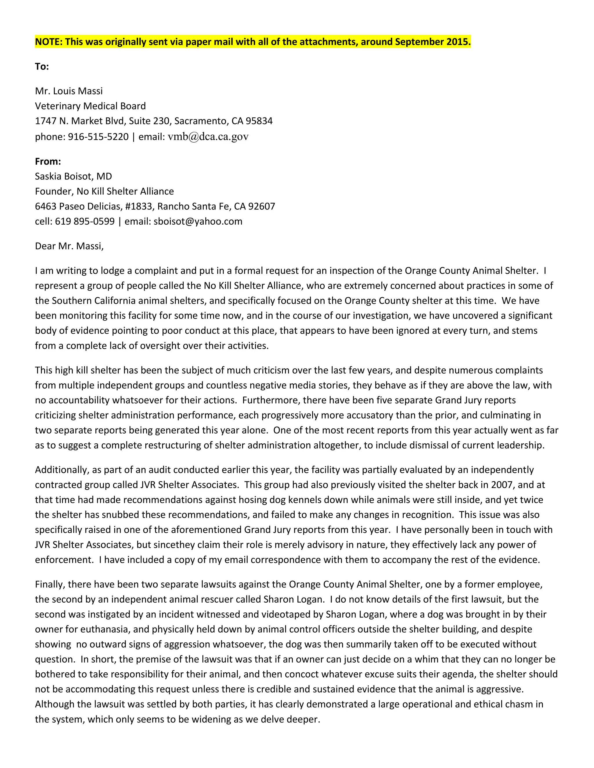 Letter to California Veterinary Medical Board by Saskia Boisot re:OCAC ...