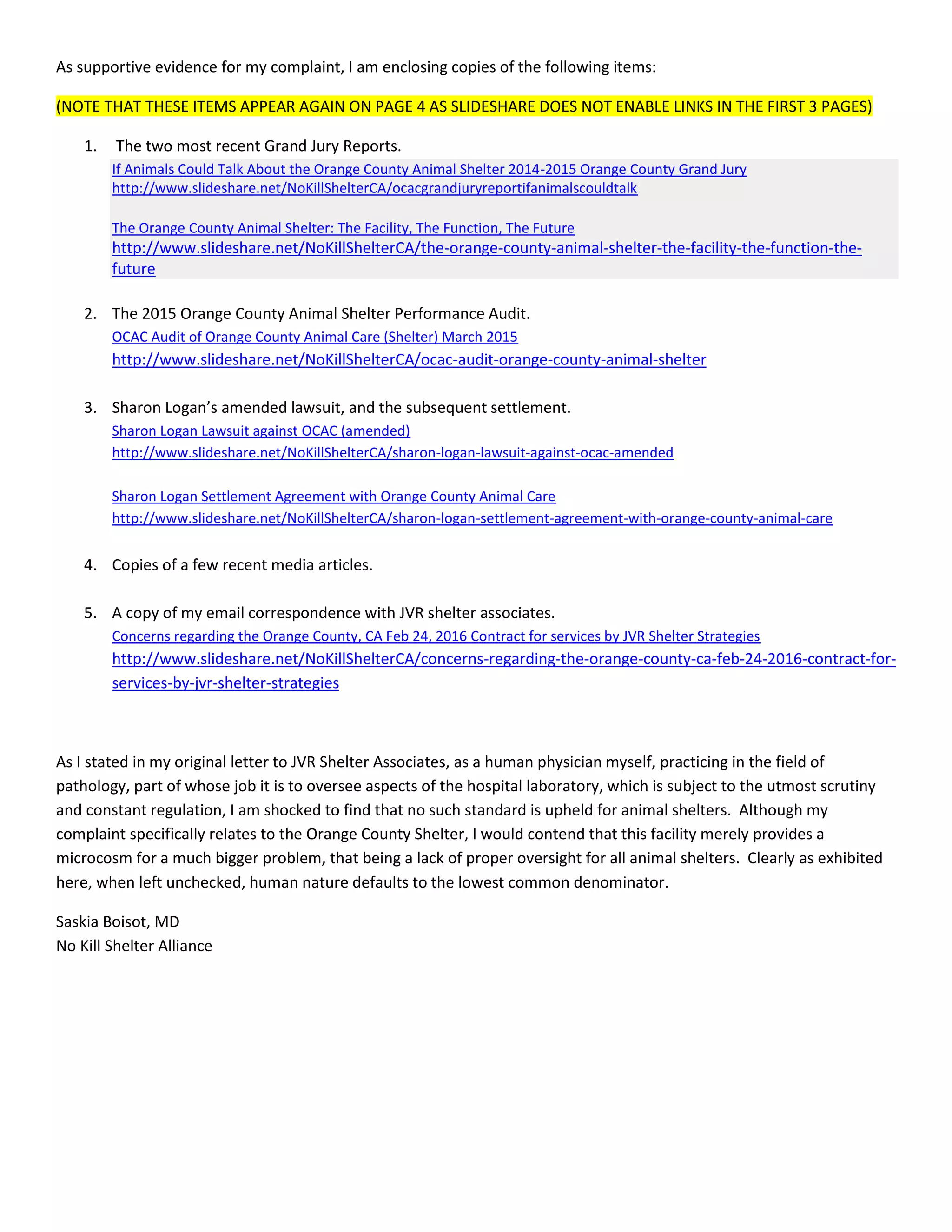 Letter to California Veterinary Medical Board by Saskia Boisot re:OCAC ...