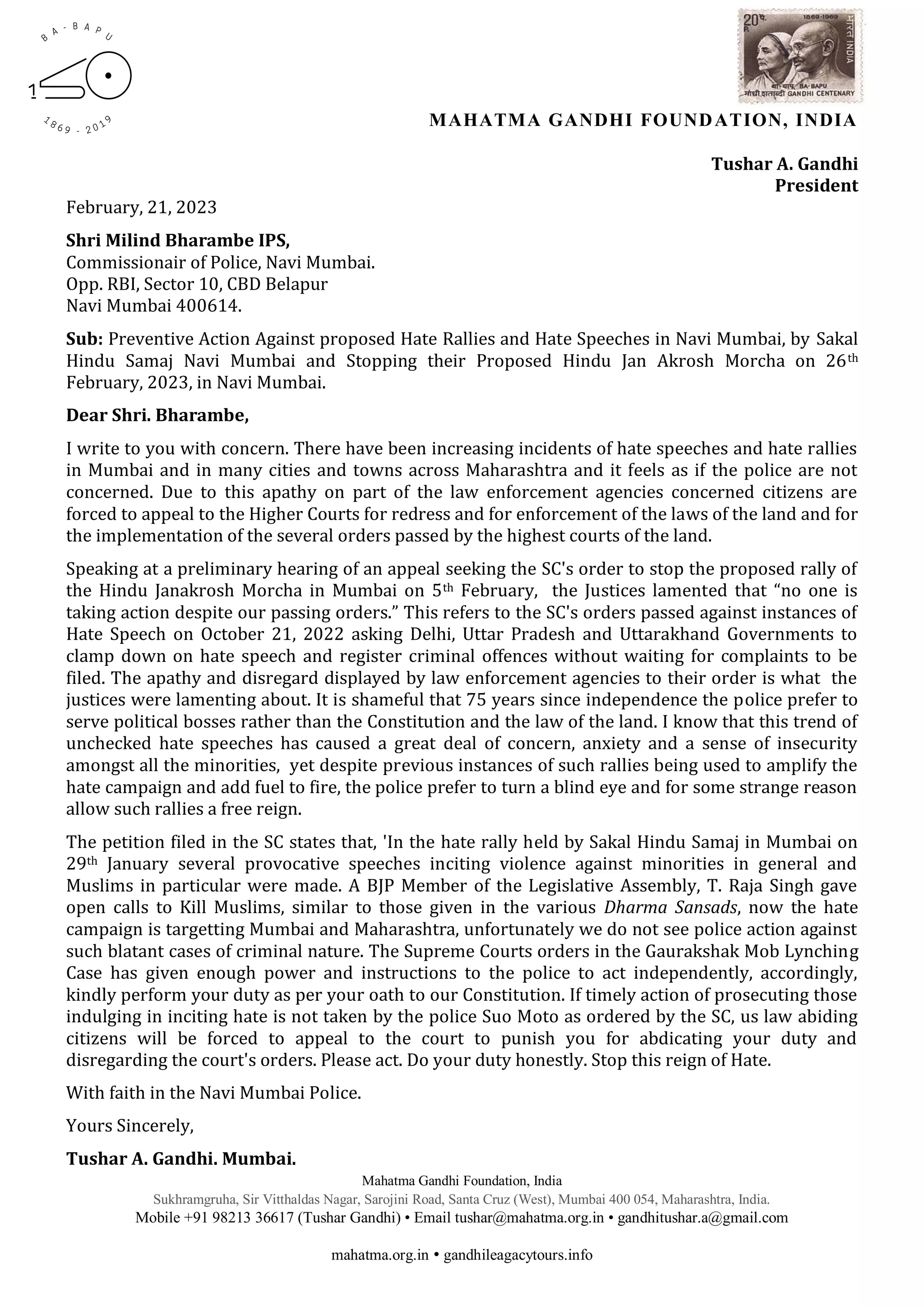 Letter To Commisionair Police Navi Mumbai Hate Speech.pdf