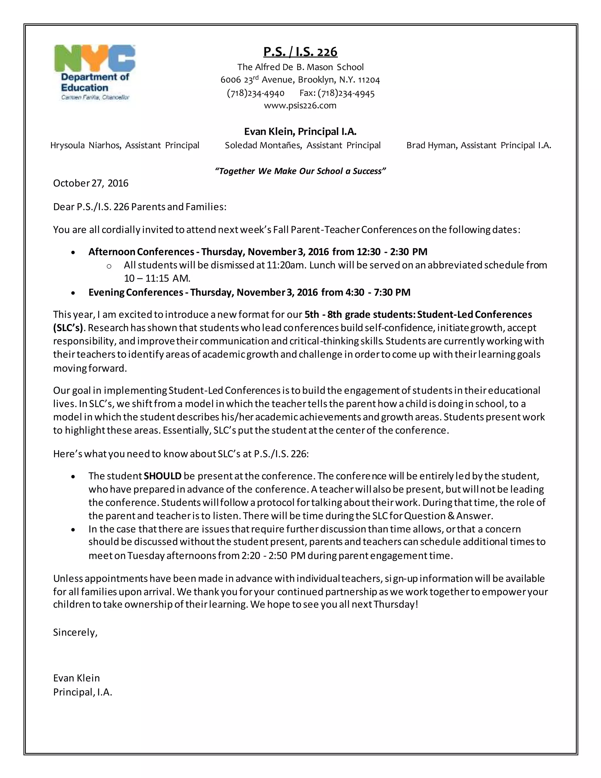 Letter to families slc parent conferences 11-3-16 | DOCX