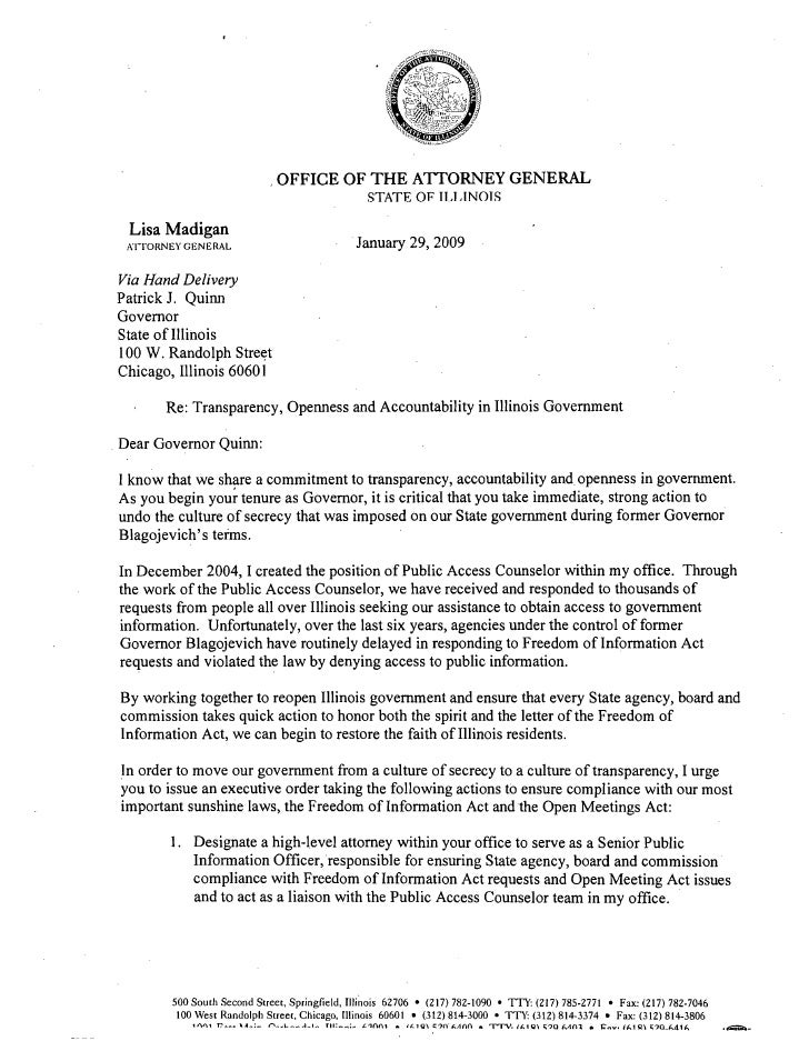 Letter To Governor Quinn From Lisa Madigan