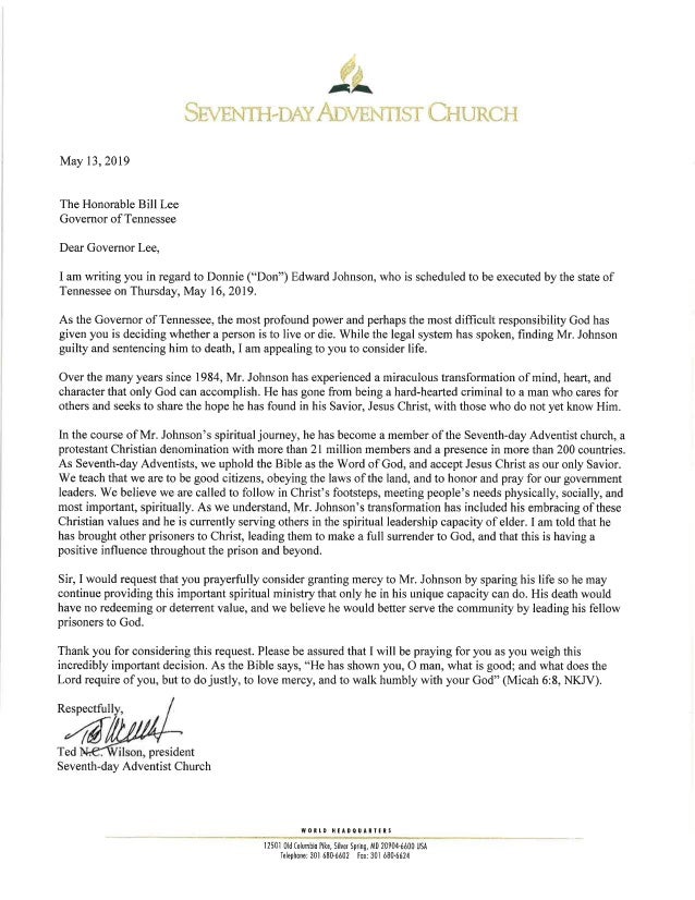 Letter To Honorable Governor Bill Lee May 13 2019