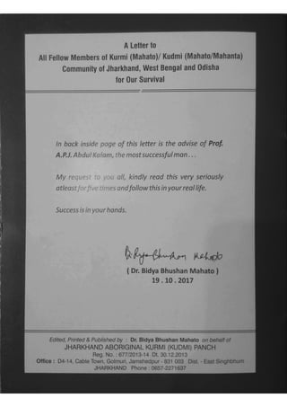 Letter to Kudmi Mahto community - Jharkhand Aboriginal kudmi panch | PDF