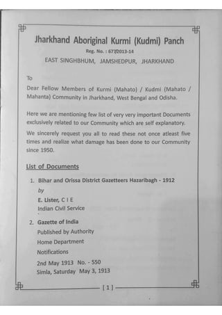 Letter to Kudmi Mahto community - Jharkhand Aboriginal kudmi panch | PDF