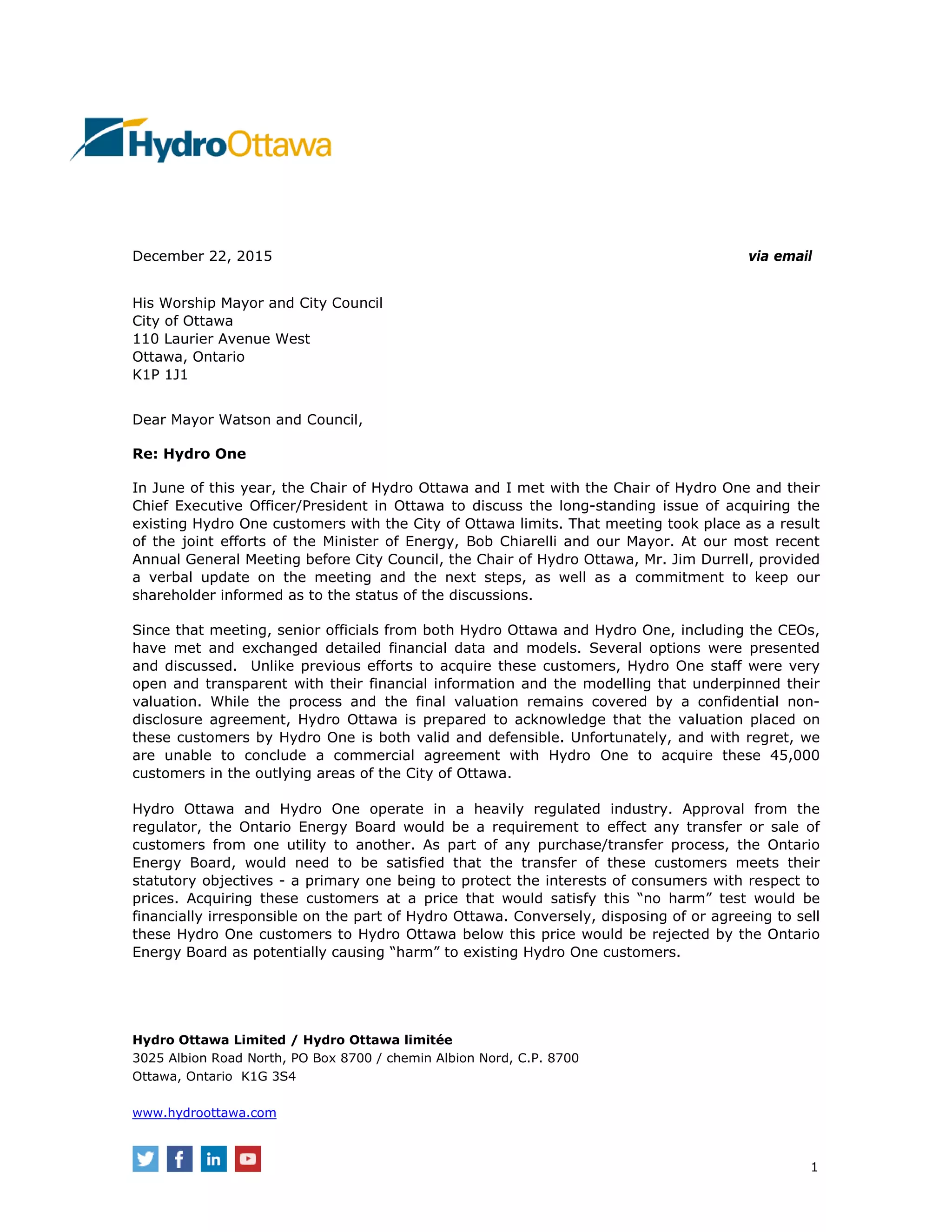 Letter from Hydro Ottawa president re: Hydro One Customers | PDF