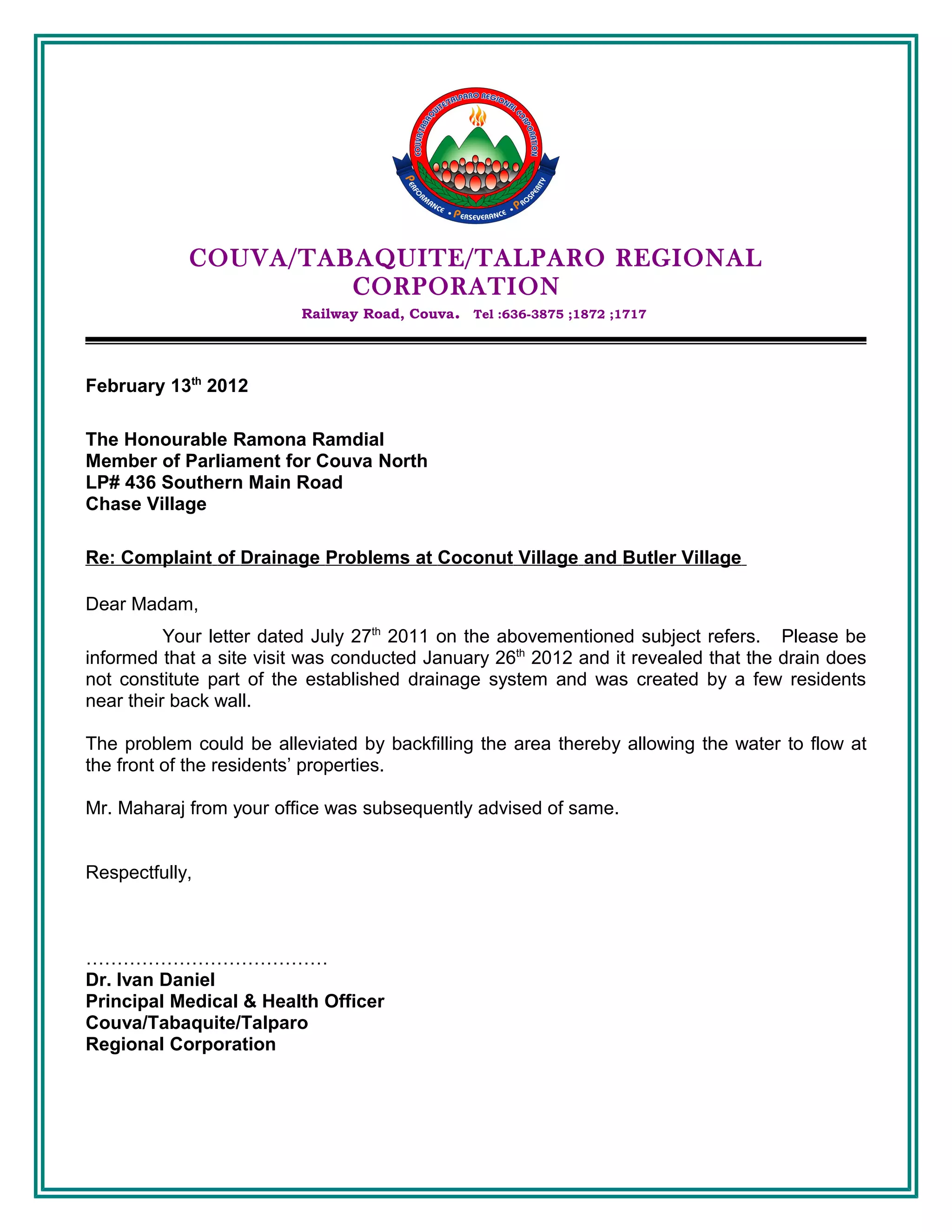Letter to mp couva northl coconut village & butler village | DOC