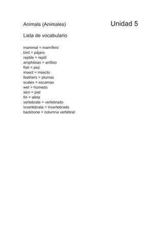 UNIT 5 ANIMALS VOCABULARY | DOC