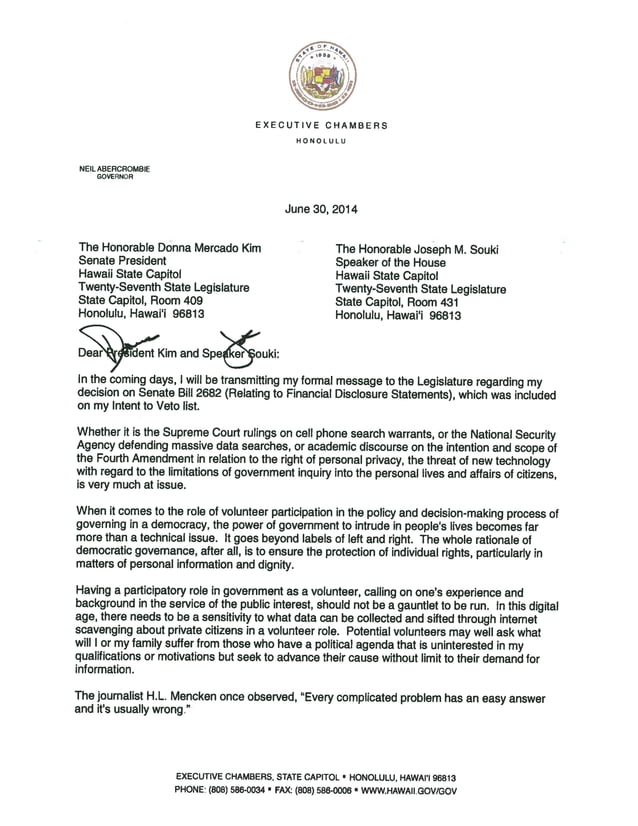 Governor's letter to Senate and House leaders | PDF | Politics