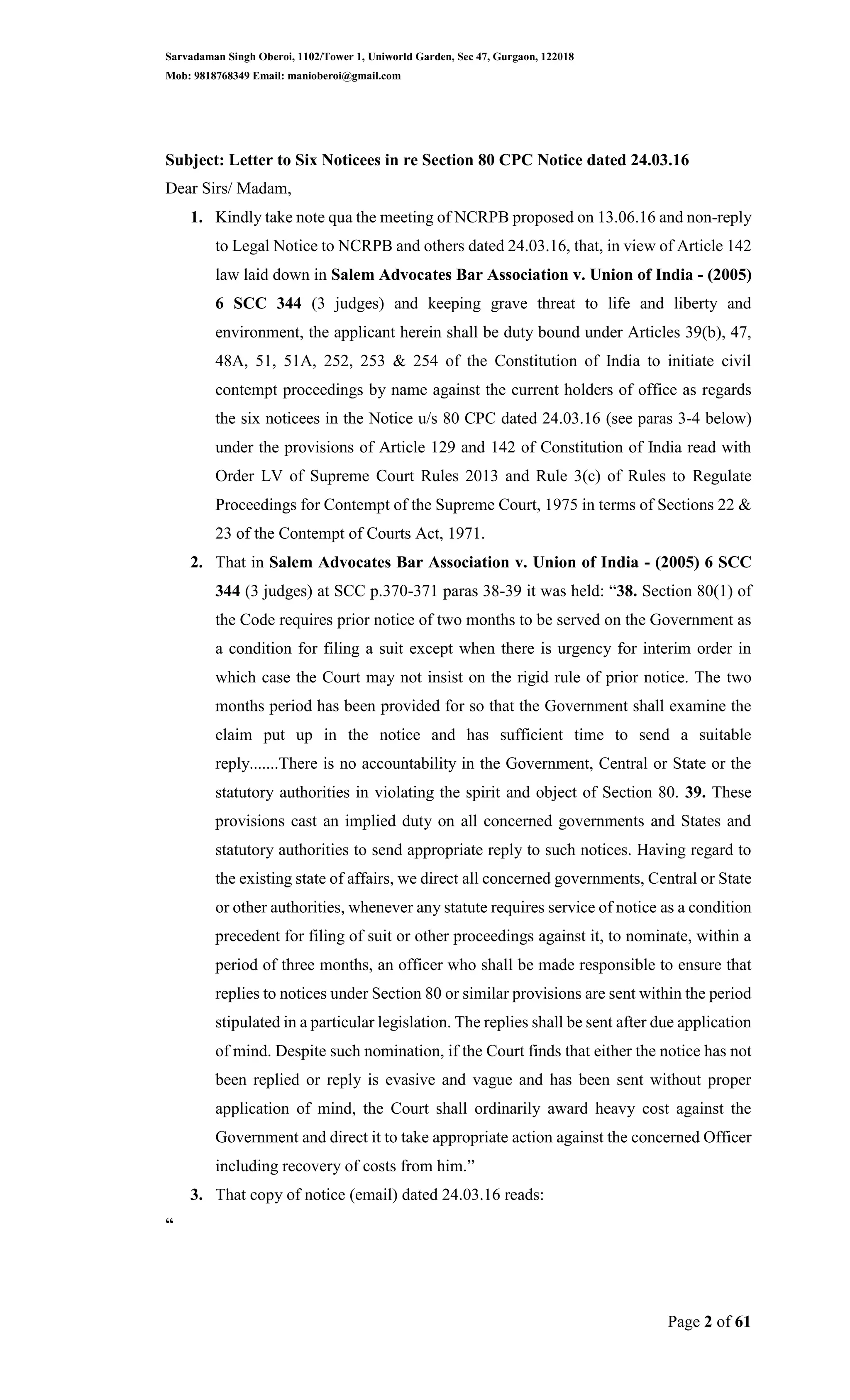 Letter to six noticees in re section 80 cpc notice dated 24.03.16