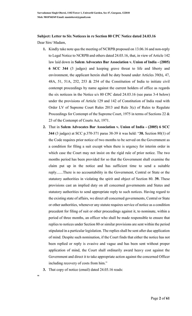 Letter to six noticees in re section 80 cpc notice dated 24.03.16