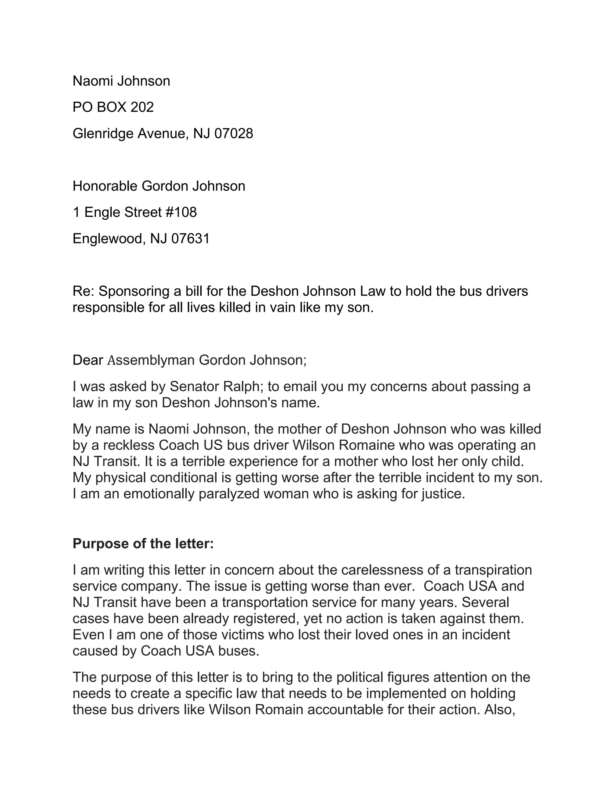 Sample Letter to the Judge Spencer and Assemblyman Gordon Johnson on Behalf of Deshon Johnson | PDF