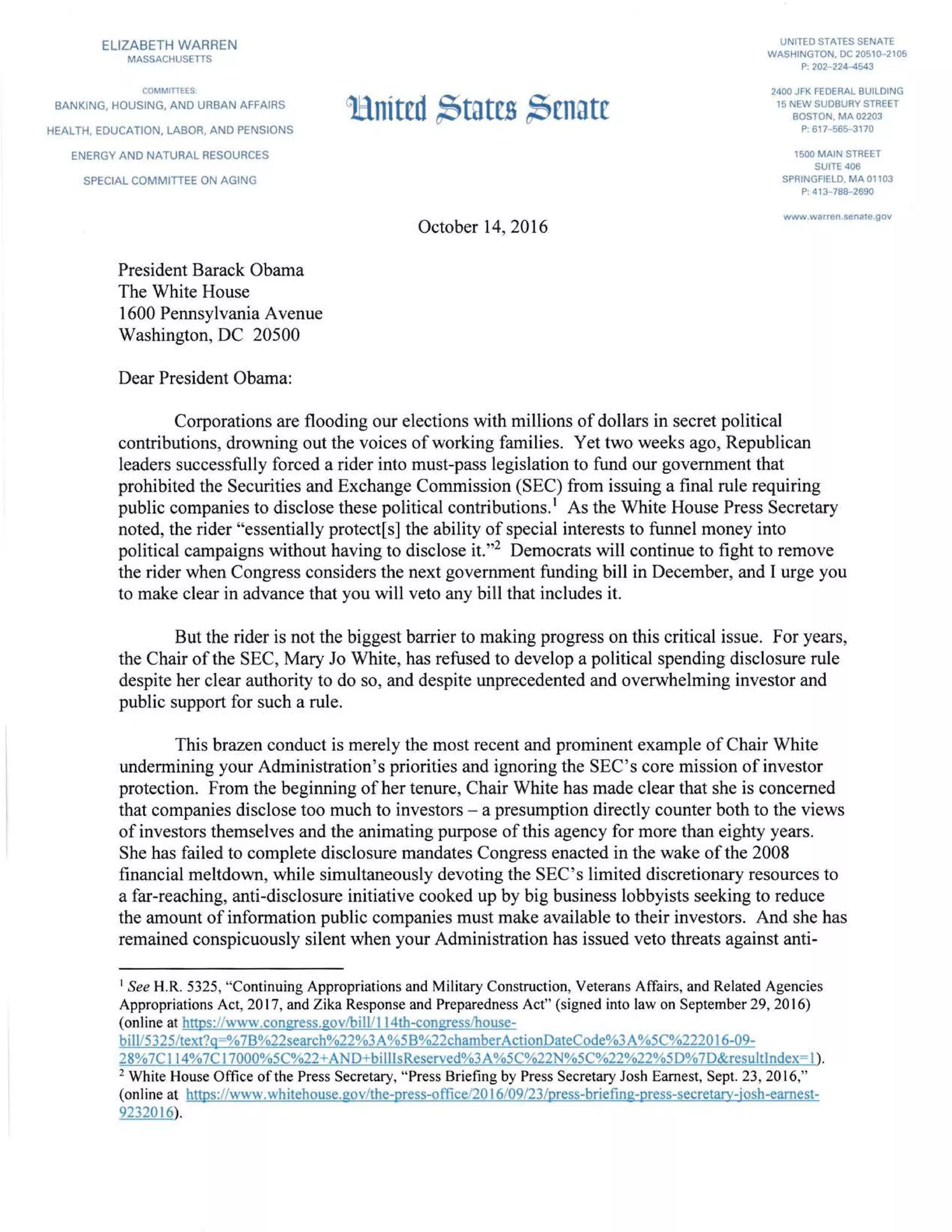 Lettre de Elisabeth Warren au président Obama | PDF