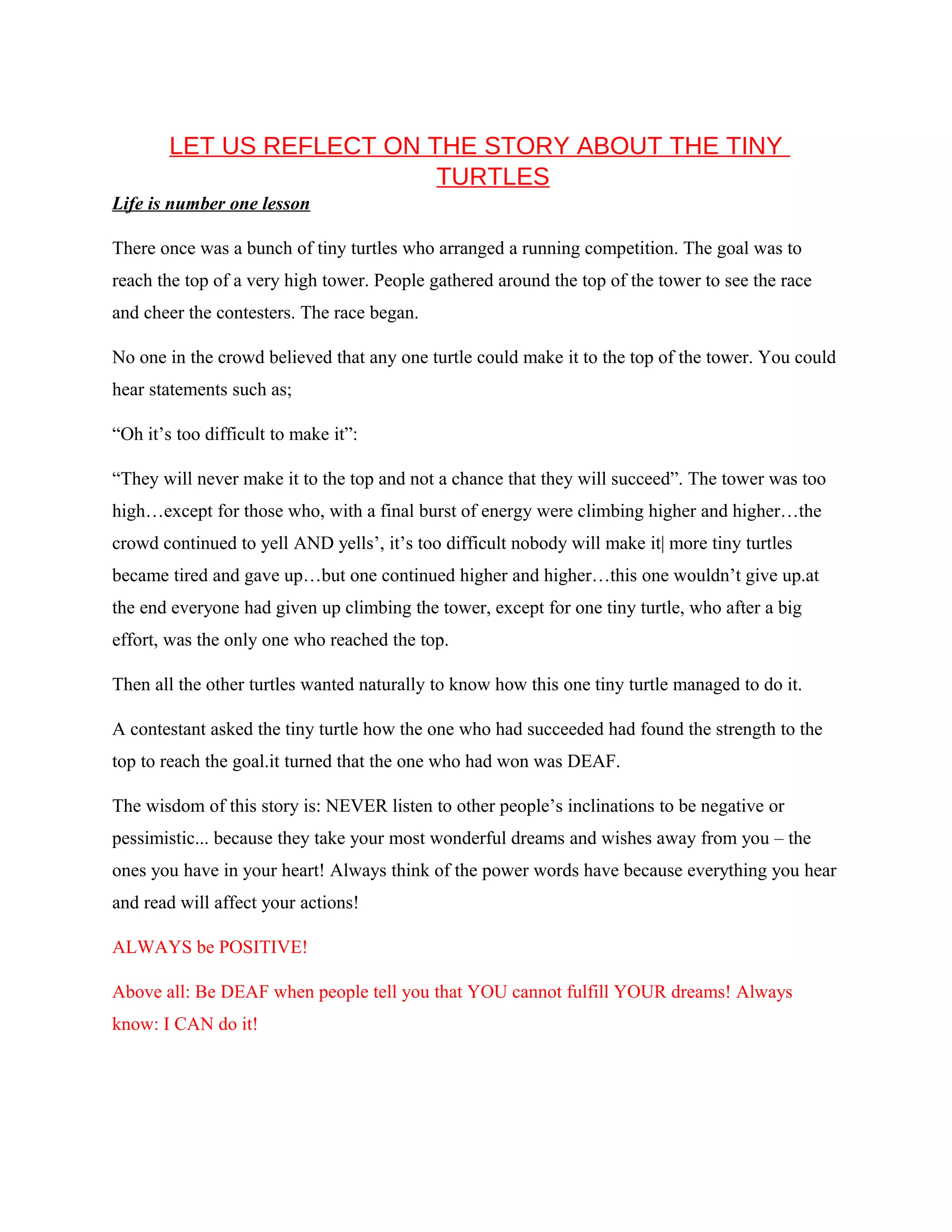 Let us reflect on the story about the tiny turtles | PDF
