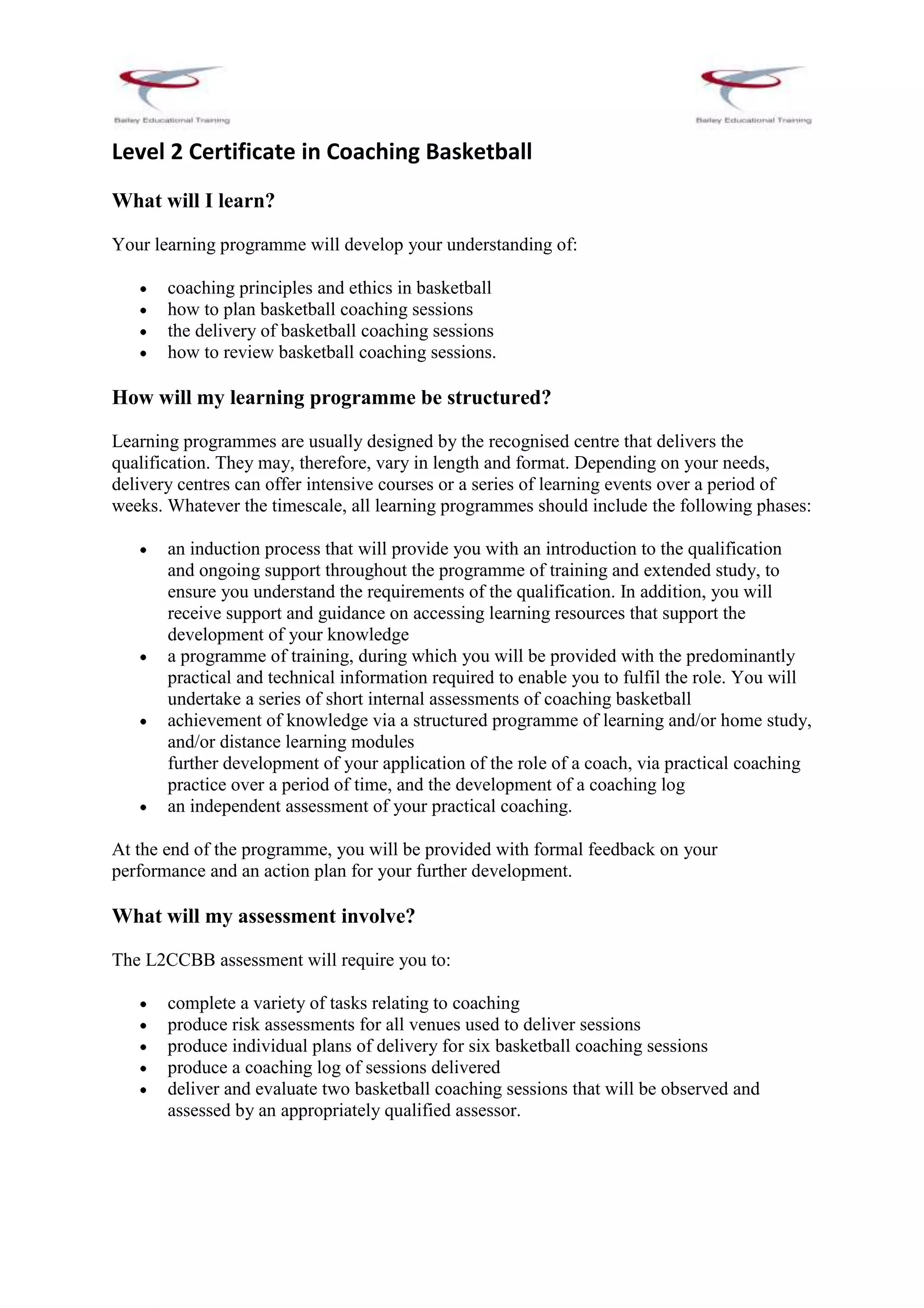 Level 2 certificate in coaching basketball | DOCX