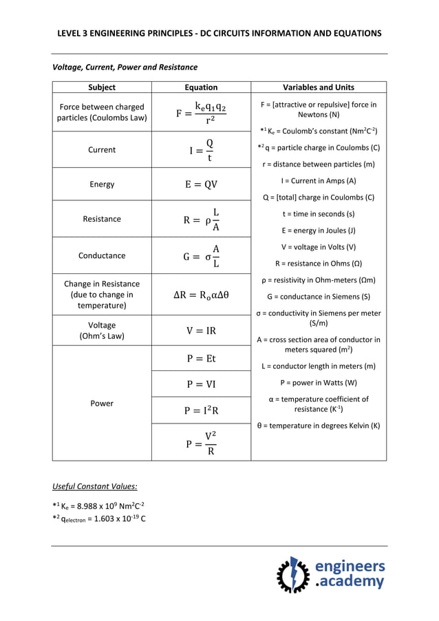 Level 3 engineering principles dc circuits info and equations | PDF