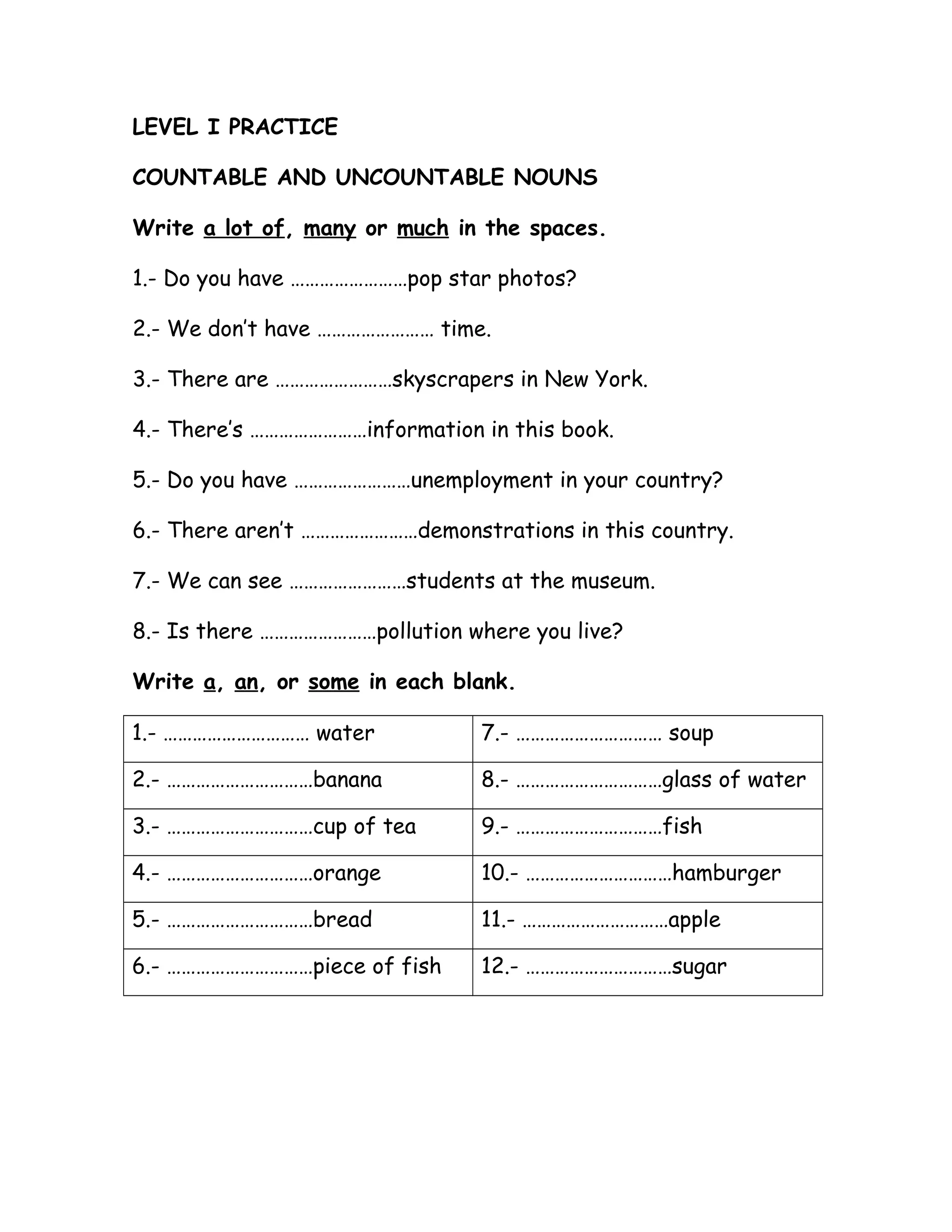 Level i practice countable and uncountable nouns | DOC