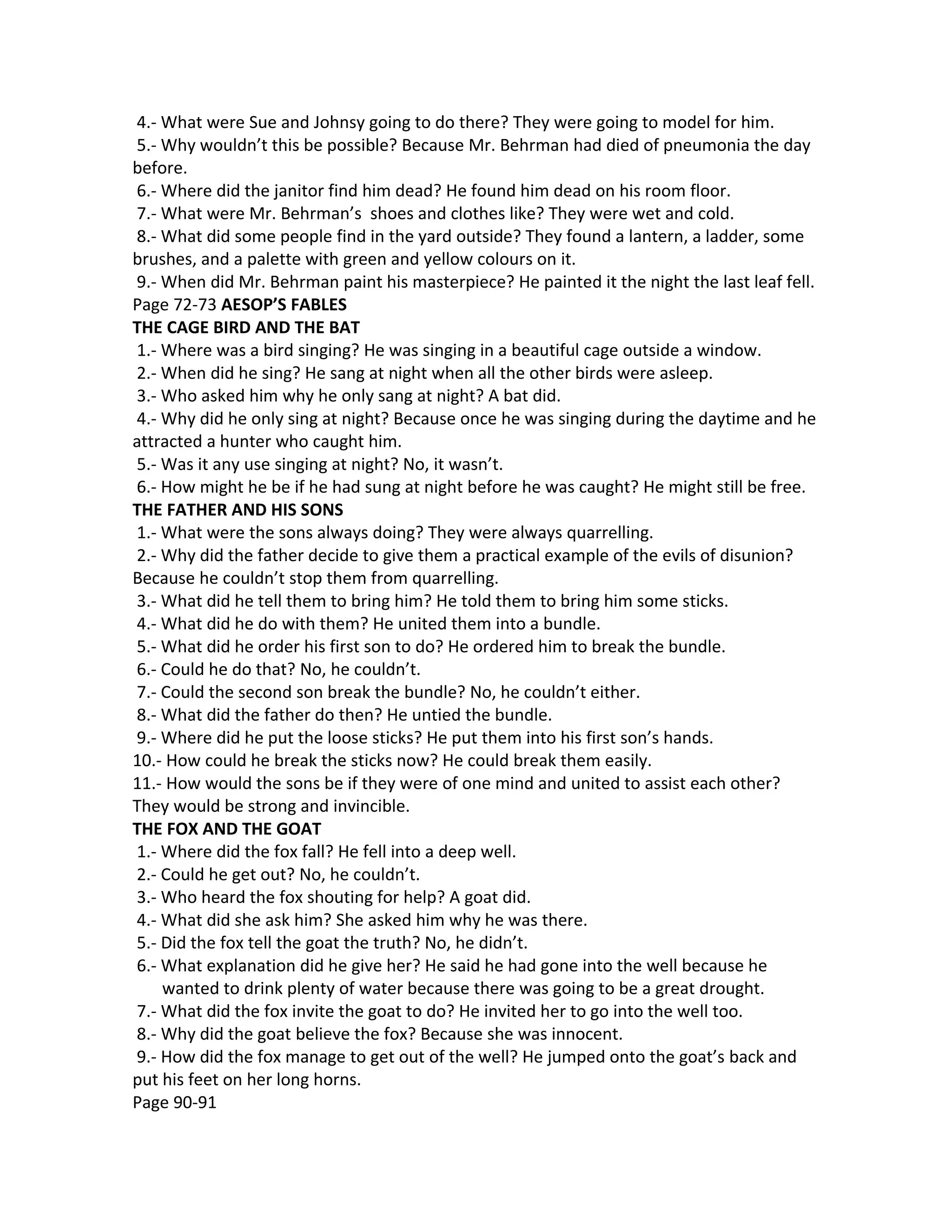 Level i Questions on the stories | DOC