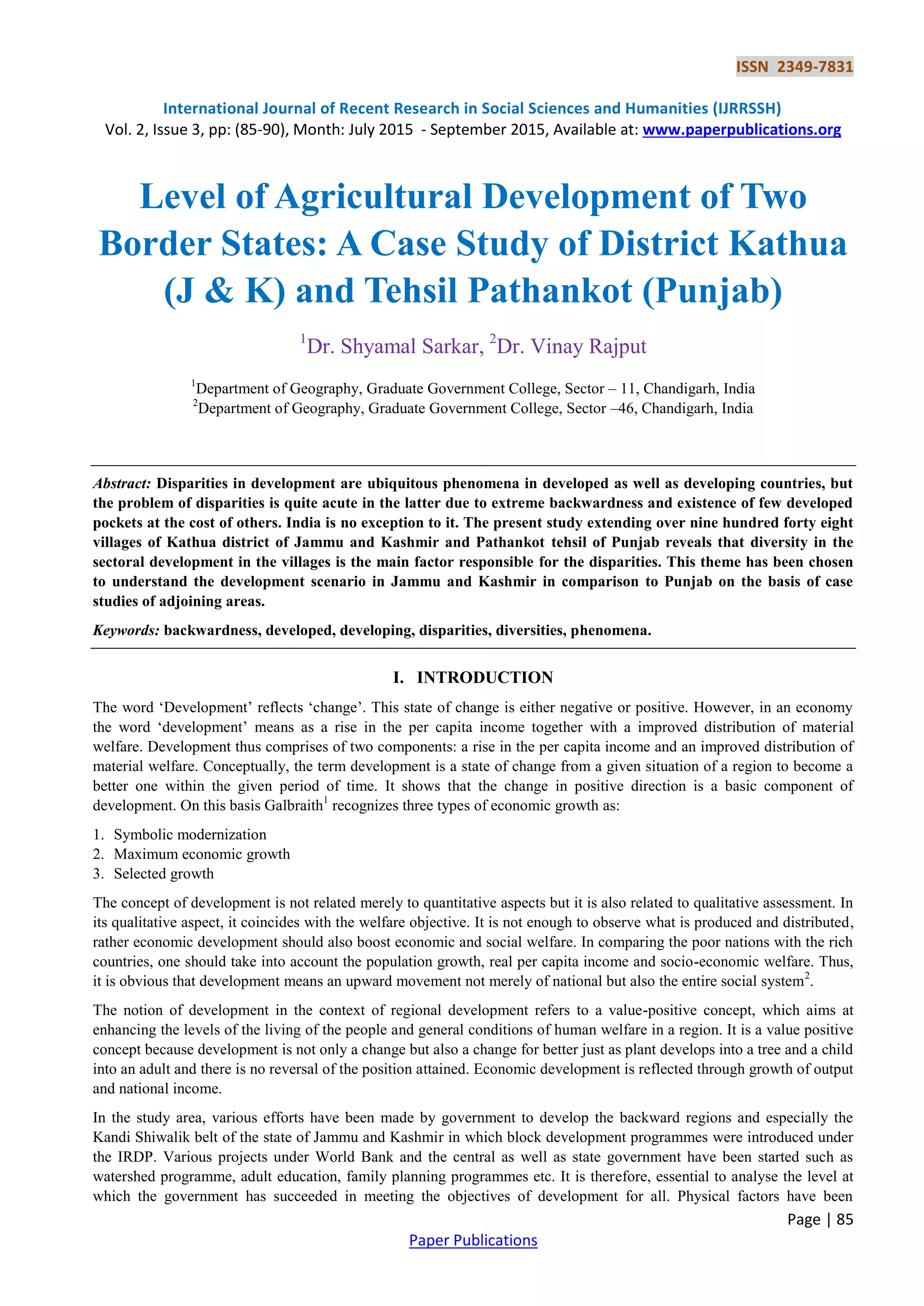 Level of Agricultural Development of Two Border States: A Case Study of ...