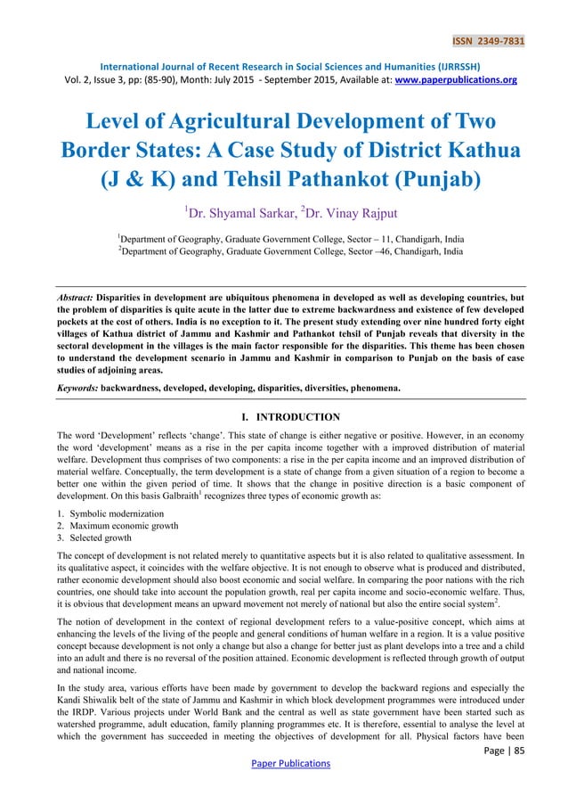 Level of Agricultural Development of Two Border States: A Case Study of ...