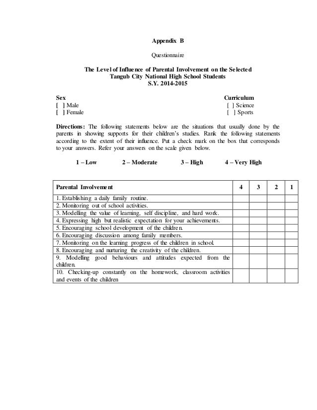 Level of influence of parental involvement on the selected tangub cit…