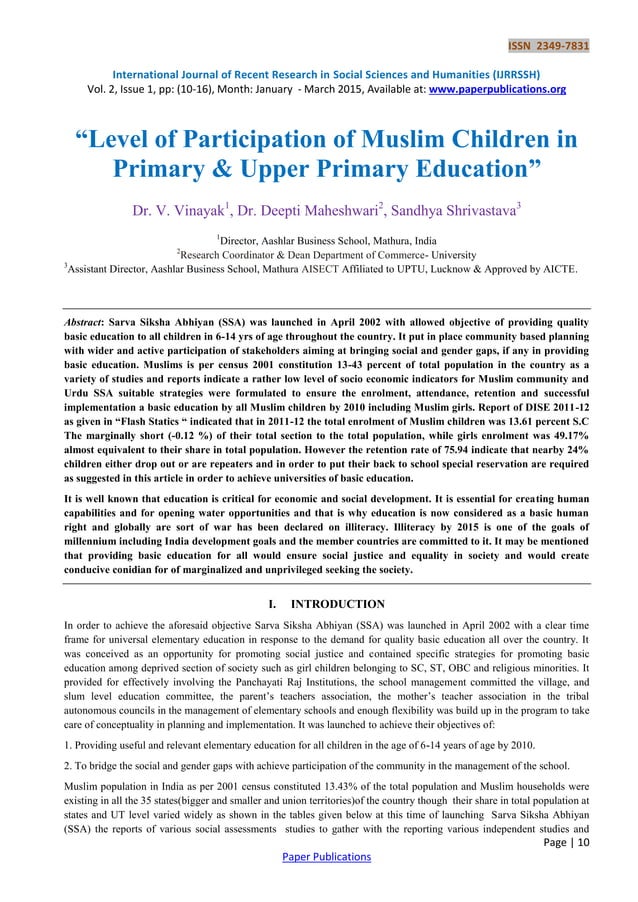 Level of Participation of Muslim Children in Primary & Upper Primary ...