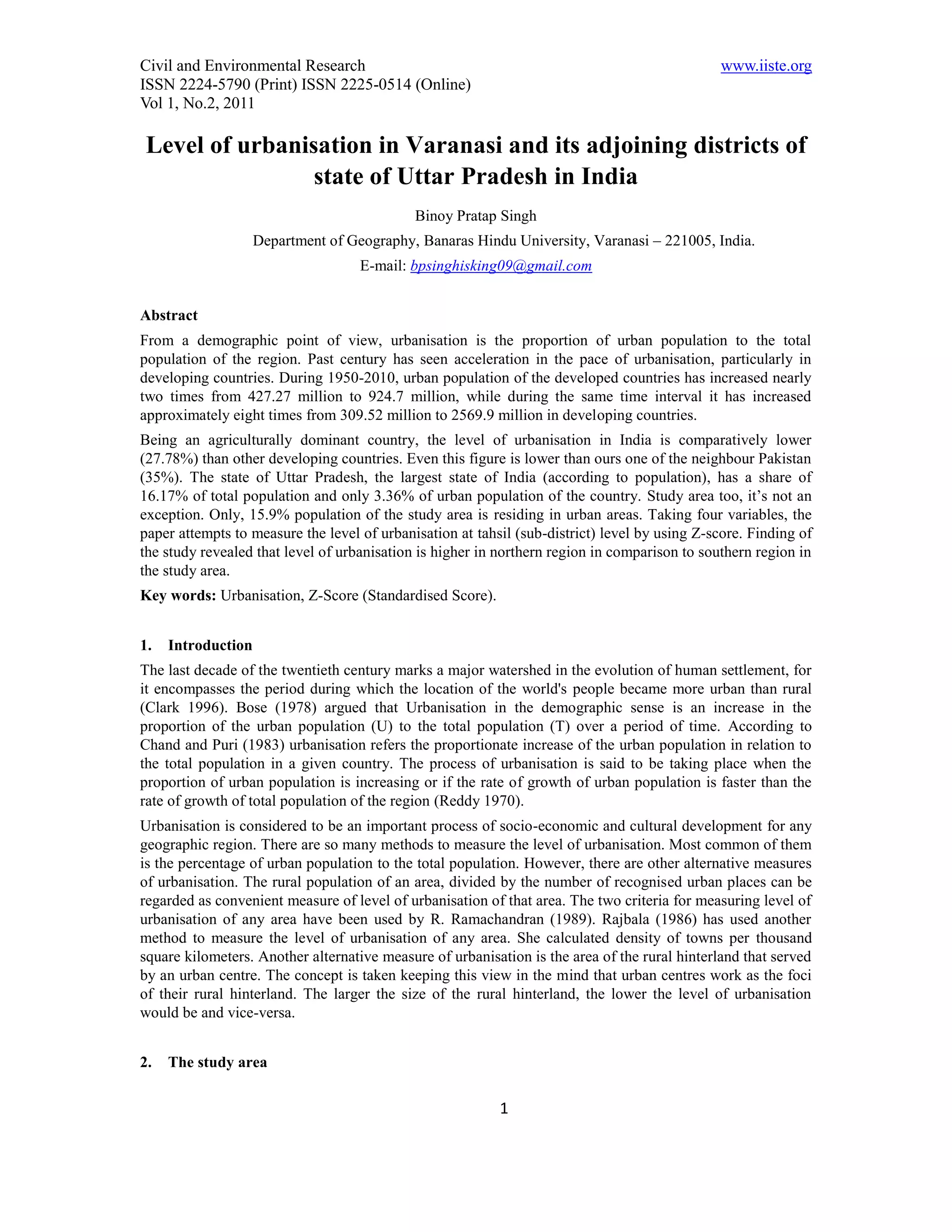Level of urbanisation in varanasi and its adjoining districts of state ...