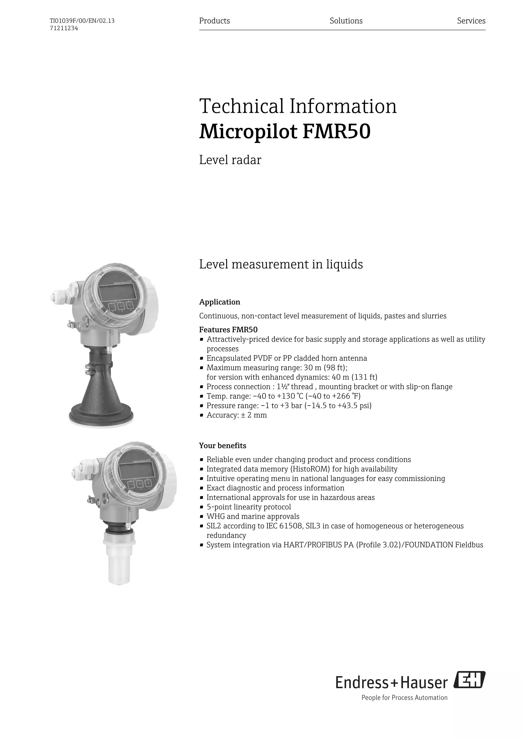 Level radar measurement in liquids-Micropilot FMR50 | PDF