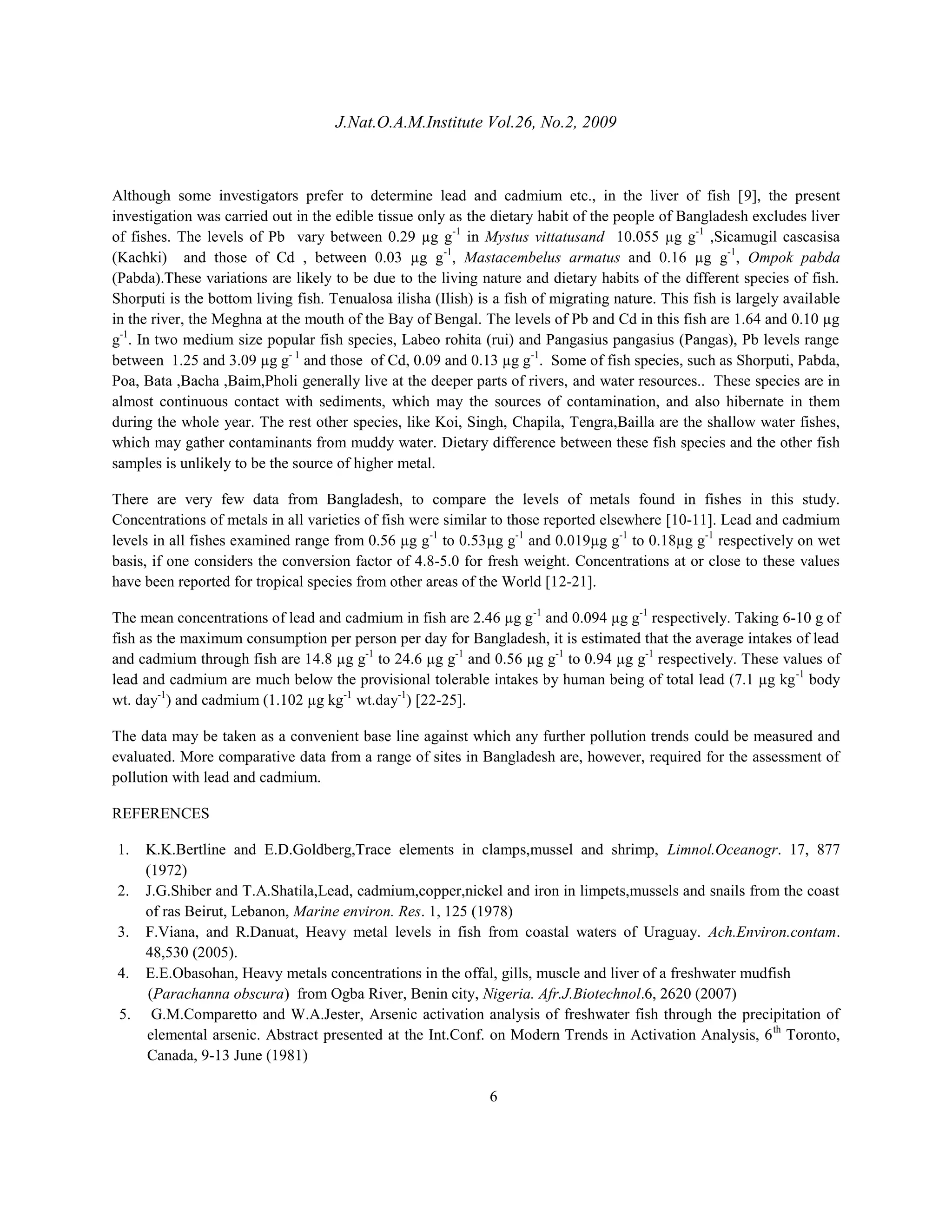 Levels of lead and cadmium in 17 species of fresh water fish of ...