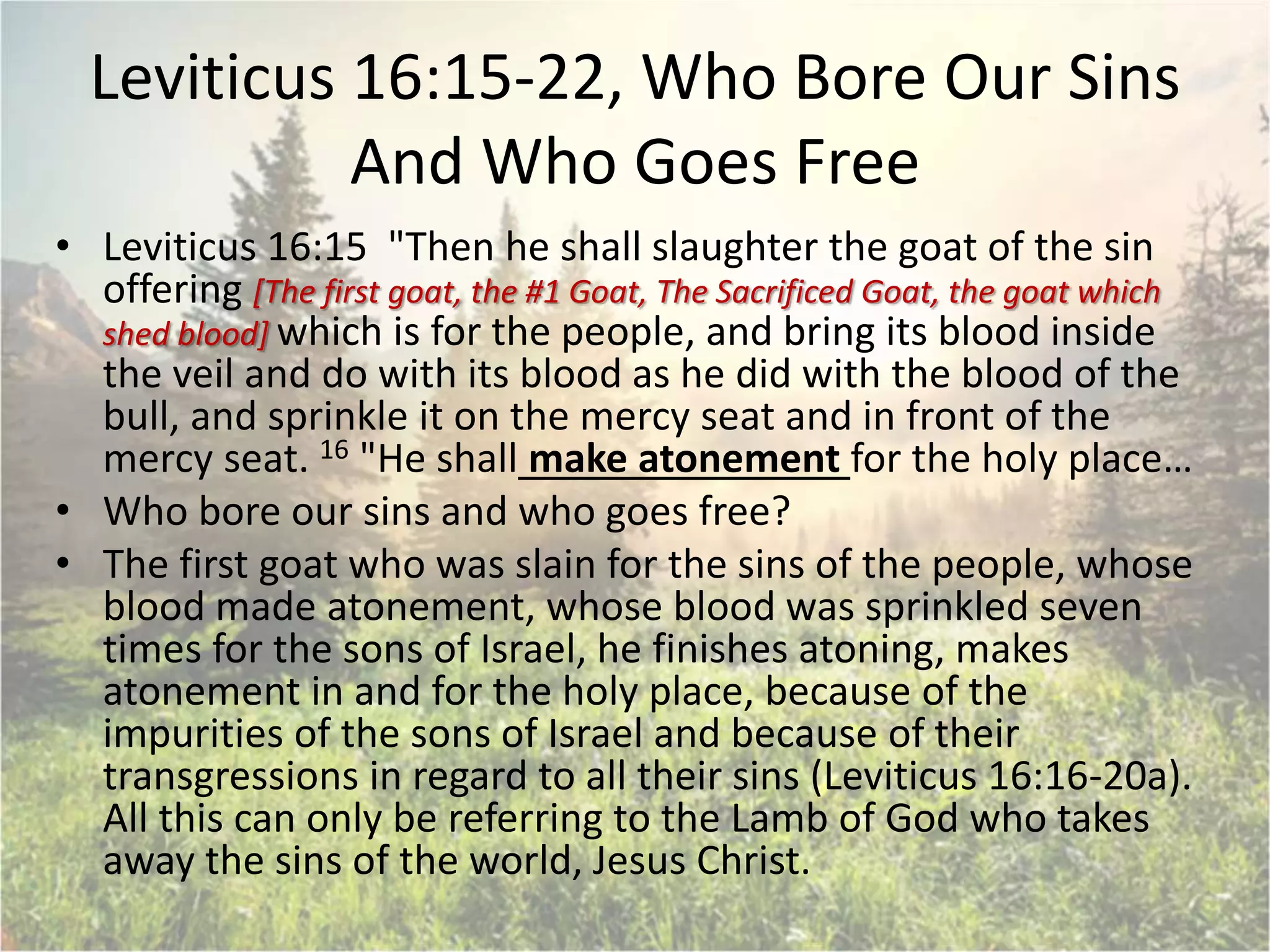 Leviticus 12-16, Scapegoat, Azazel, Satan the sin bearer, laws about ...