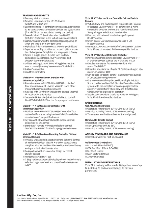 Leviton vrcz4 1 l, vrcs4-1l, vrcz1-1l, vrcs1-1l and vrmr1-osg product specifications | PDF