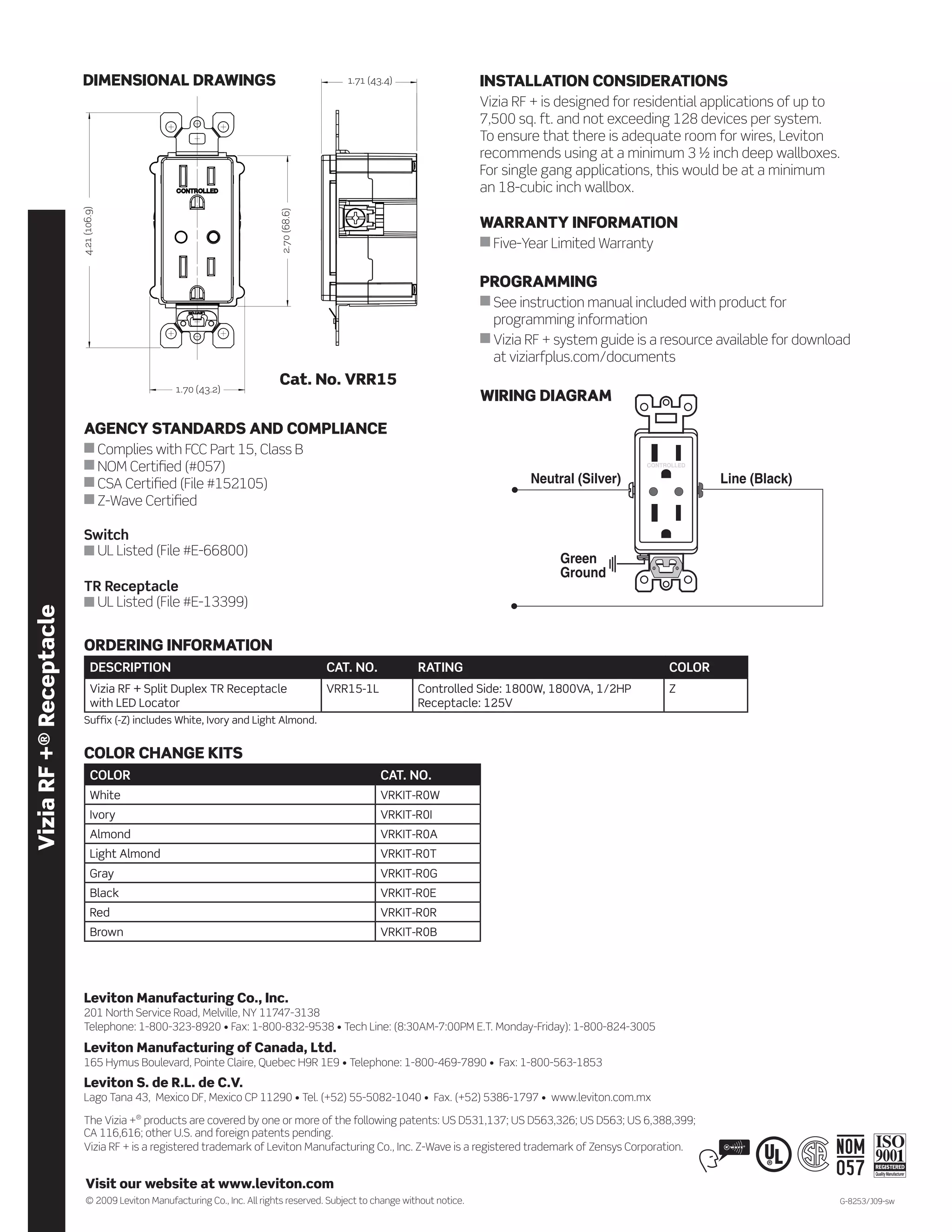 Leviton vrr15 1 lz product specification bulletin | PDF