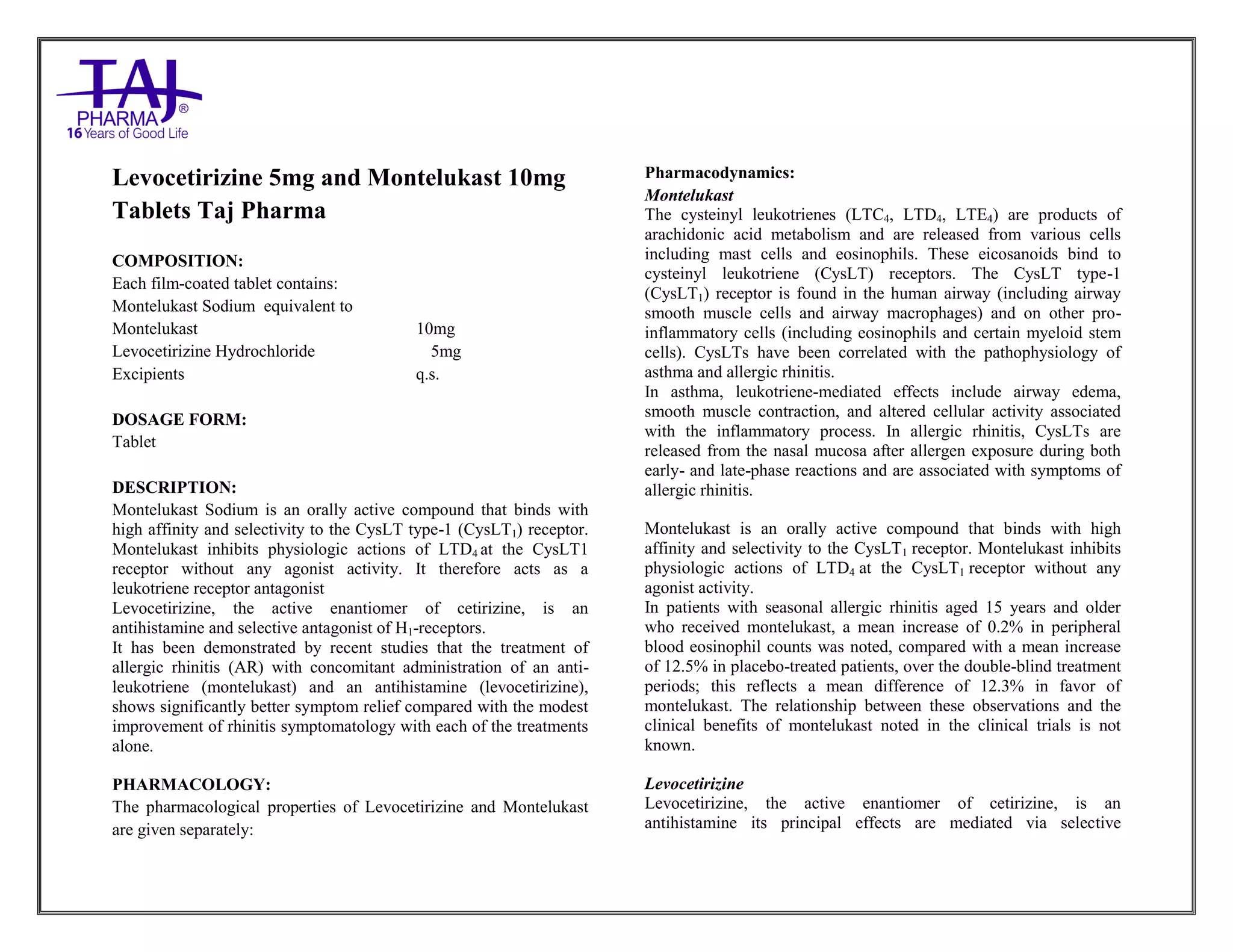Levocetirizine 5mg & montelukast 10mg tablets taj pharma | PDF