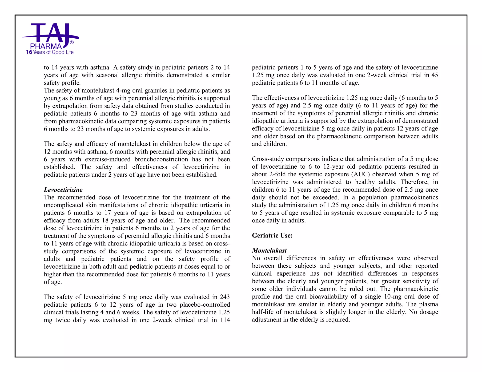 Levocetirizine 5mg & montelukast 10mg tablets taj pharma | PDF