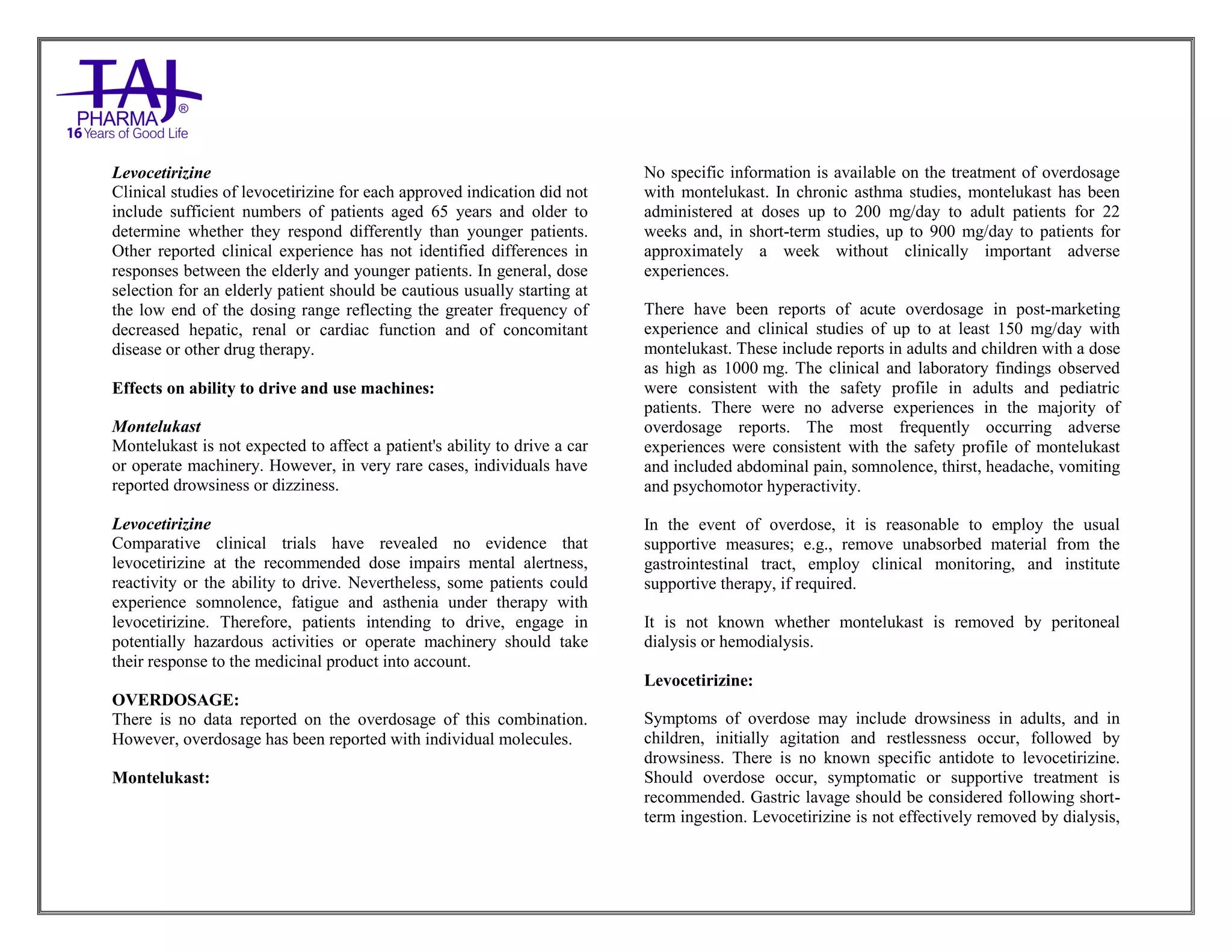 Levocetirizine 5mg & montelukast 10mg tablets taj pharma | PDF