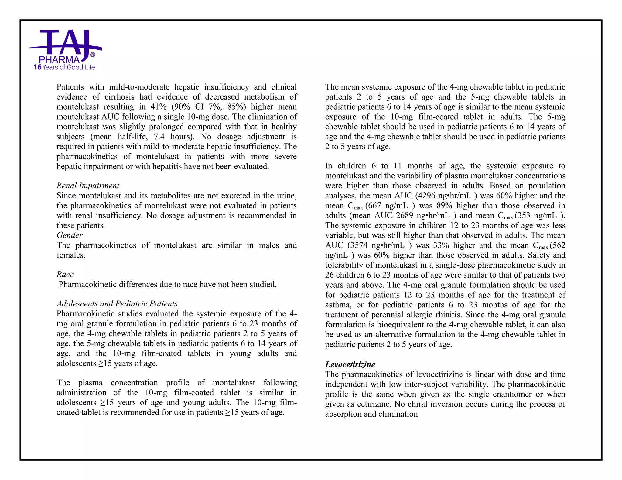 Levocetirizine 5mg & montelukast 10mg tablets taj pharma | PDF