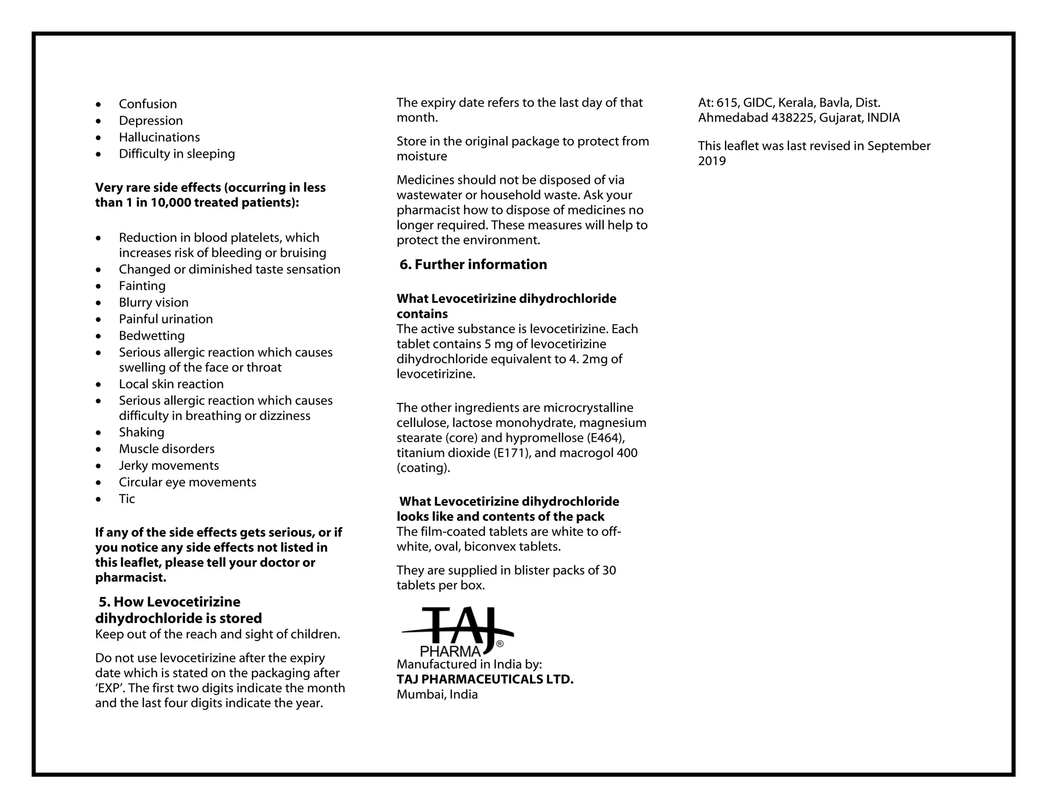 Levocetirizine dihydrochloride 5mg film coated tablets pil, taj ...