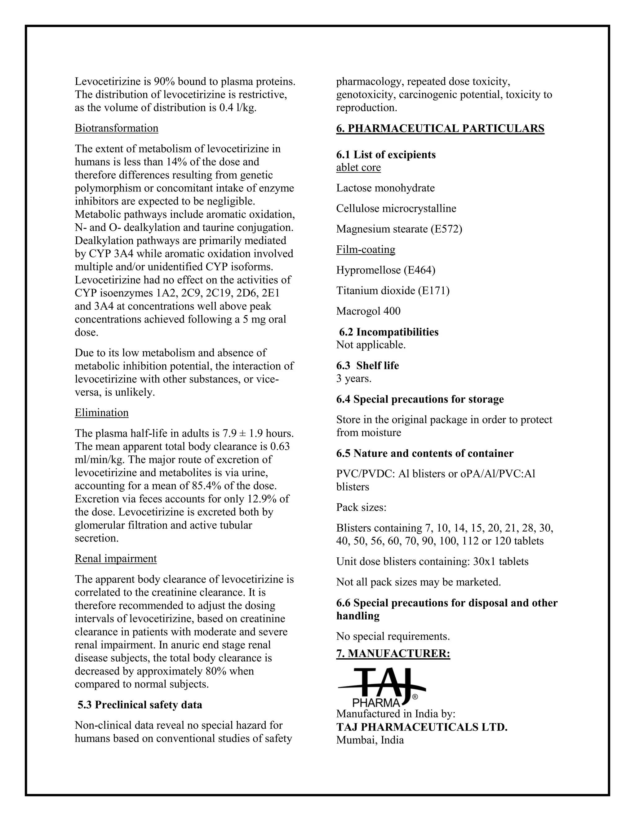 Levocetirizine dihydrochloride 5 mg film coated tablets smpc- taj ...