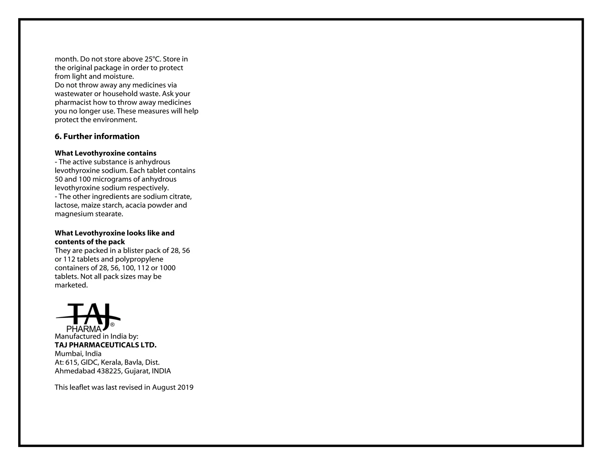 Levothyroxine 50mcg and 100mcg tablets pil, taj pharmaceuticals. | PDF