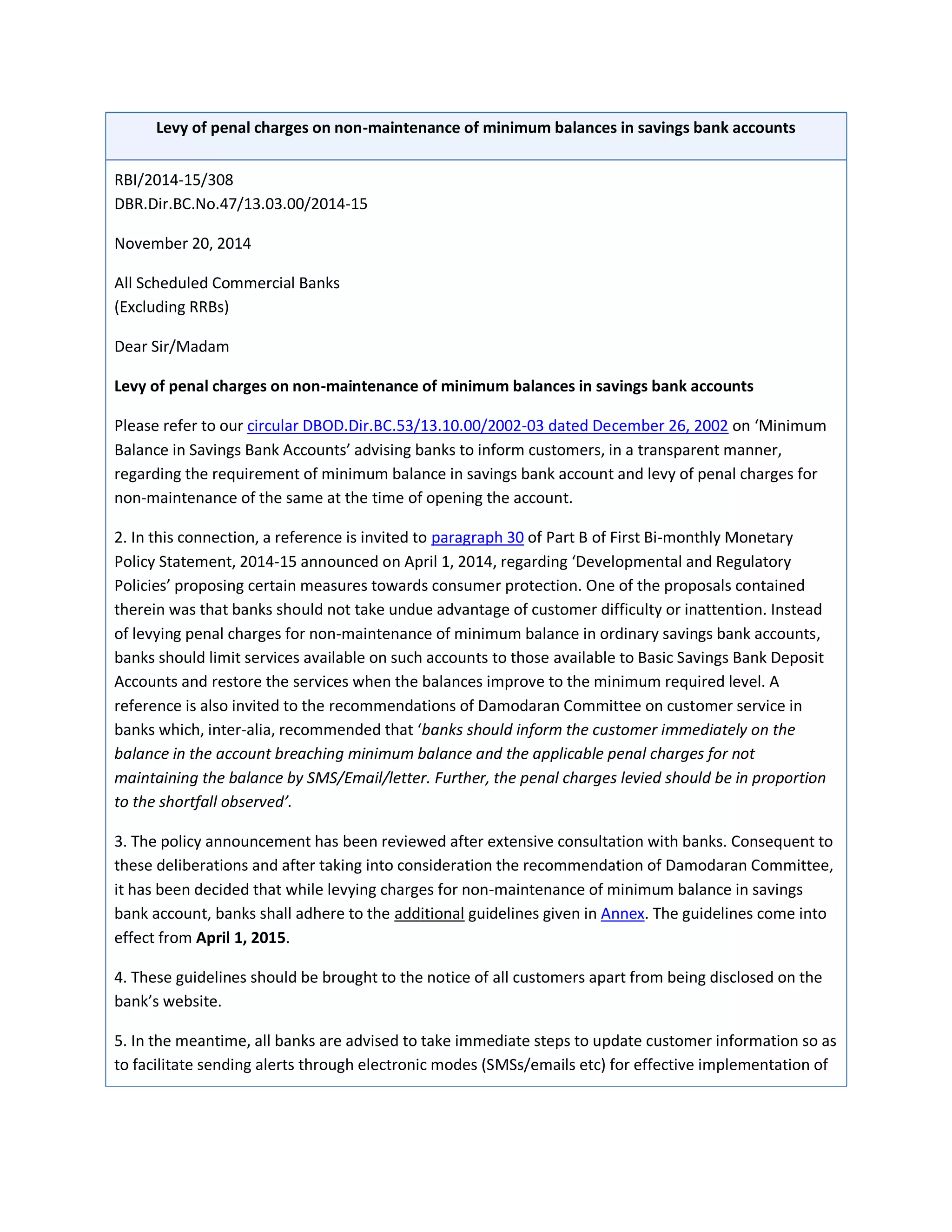 Levy of penal charges on non-maintaining minimum balance in savings ...