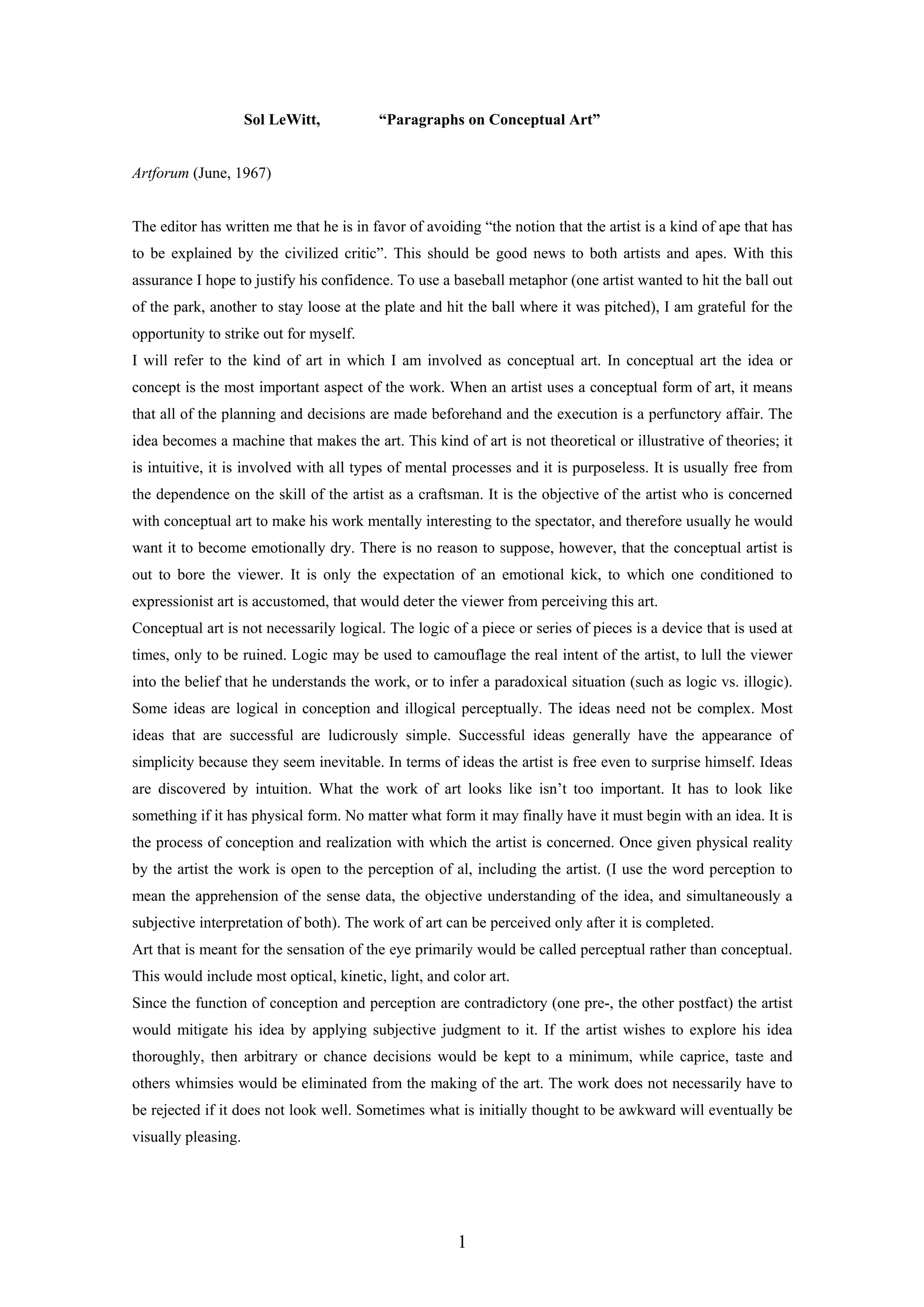 Lewitt paragraphs on conceptual art | PDF