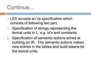Lex Tool | PPTX | Programming Languages | Computing