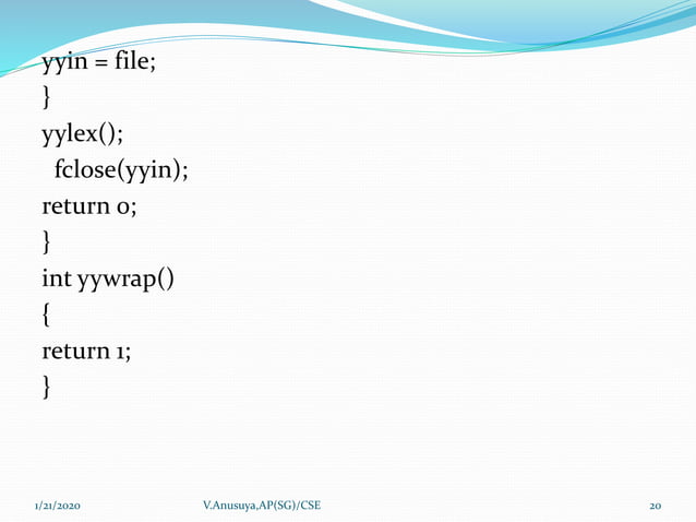 Lexical analyzer generator lex | PPTX | Programming Languages | Computing