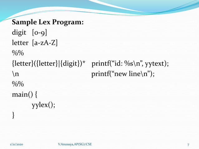 Lexical analyzer generator lex | PPTX | Programming Languages | Computing